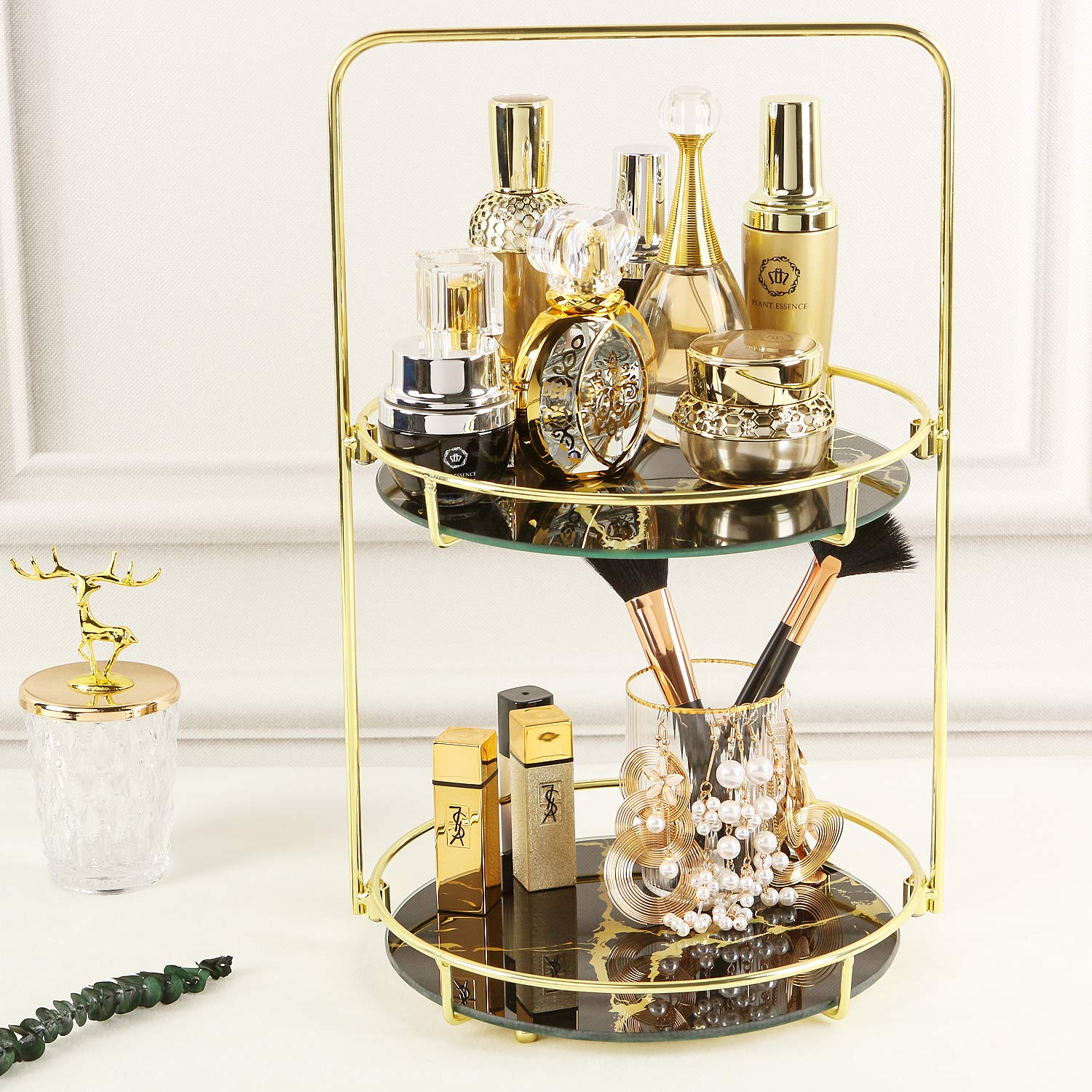 Simmer Stone Makeup Organizer Shelf, 2 Tier Cosmetic Storage Basket with Removable Glass Tray, Round Wire Vanity Organizer Rack for Dresser, Countertop, Bathroom and More, Gold