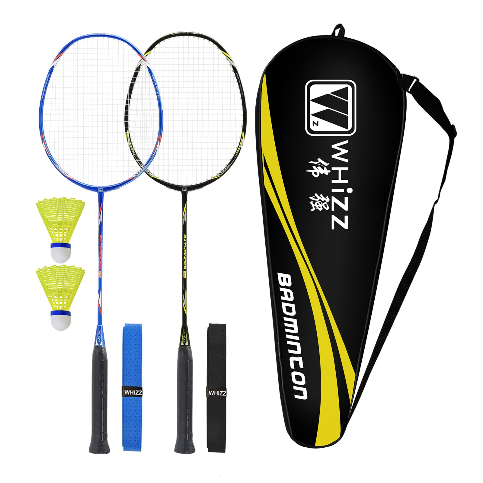 QICHUAN Whizz Badminton Rackets Set of 2 for Recreational Game, Beginners Racquet, Including 2 Nylon Birdies, 2 Grip Tapes (Black+White)