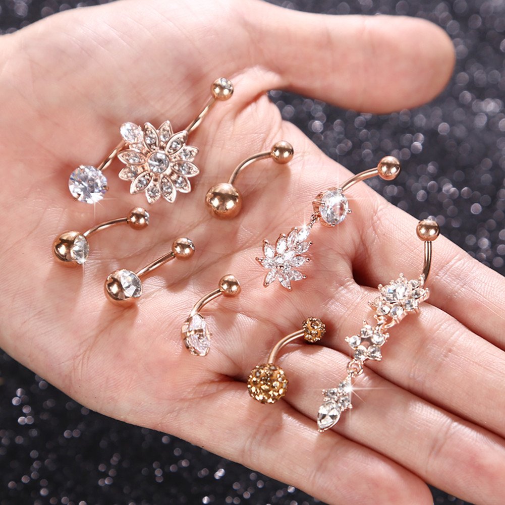 SENNI 9 Pcs 14G Stainless Steel Dangle Belly Button Rings Screw Navel Barbell Piercing Jewelry For Women (Rose Gold)