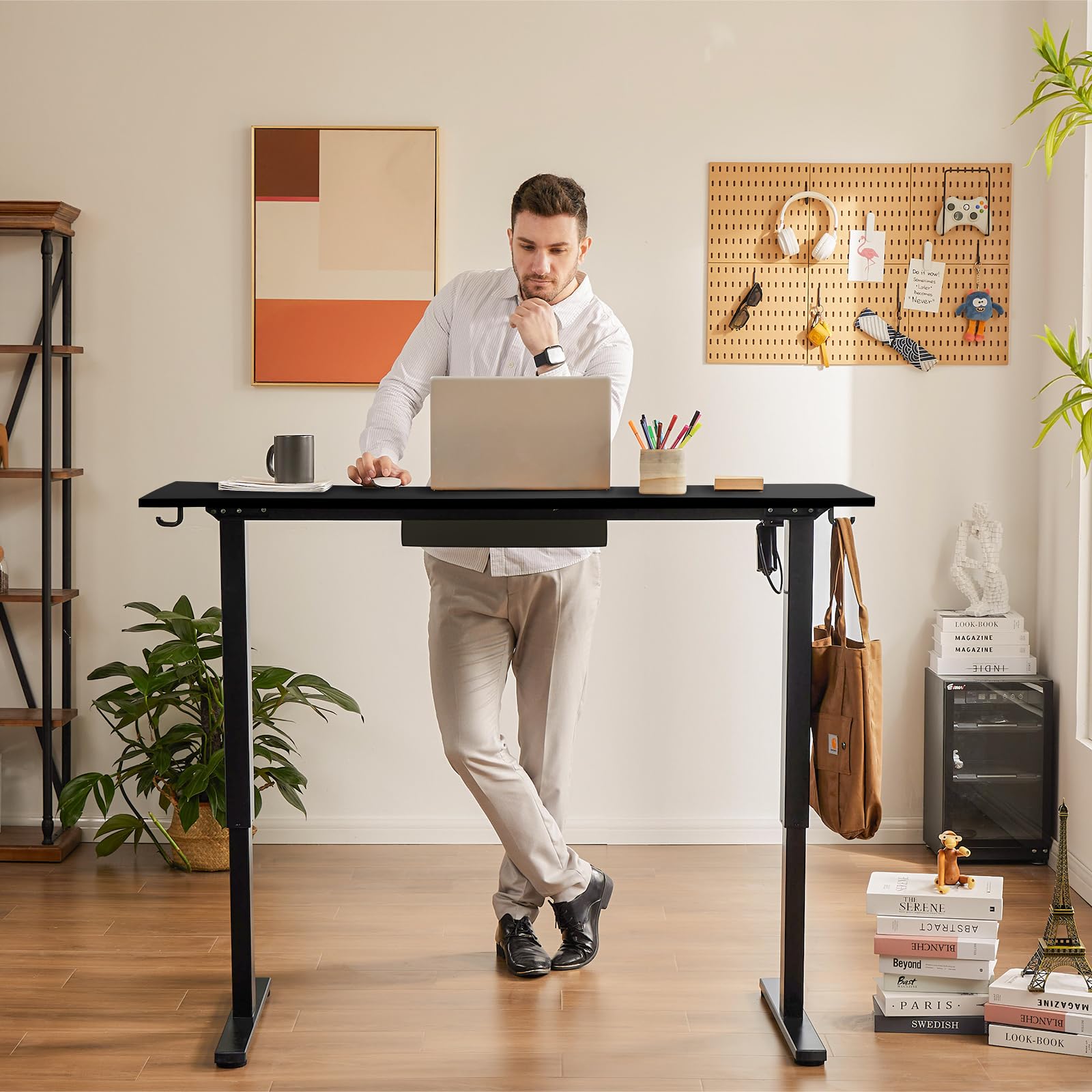 NEWBULIG Electric Height Adjustable Sit Stand Home Office Computer Desks with Drawer, 63 Inch, Black Top and Frame