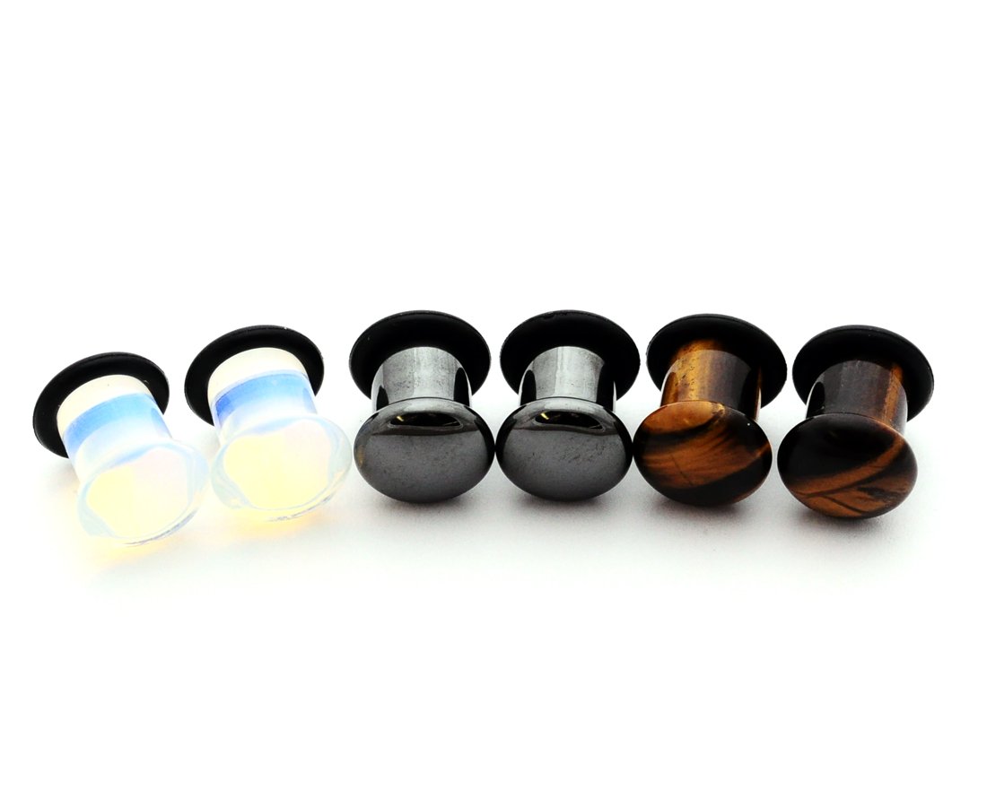 Mystic Metals Body Jewelry Set of 3 Pairs Single Flare Stone Plugs - 4g - 5mm - (Opalite, Hematite, Tiger Eye) - Sold As a Pair