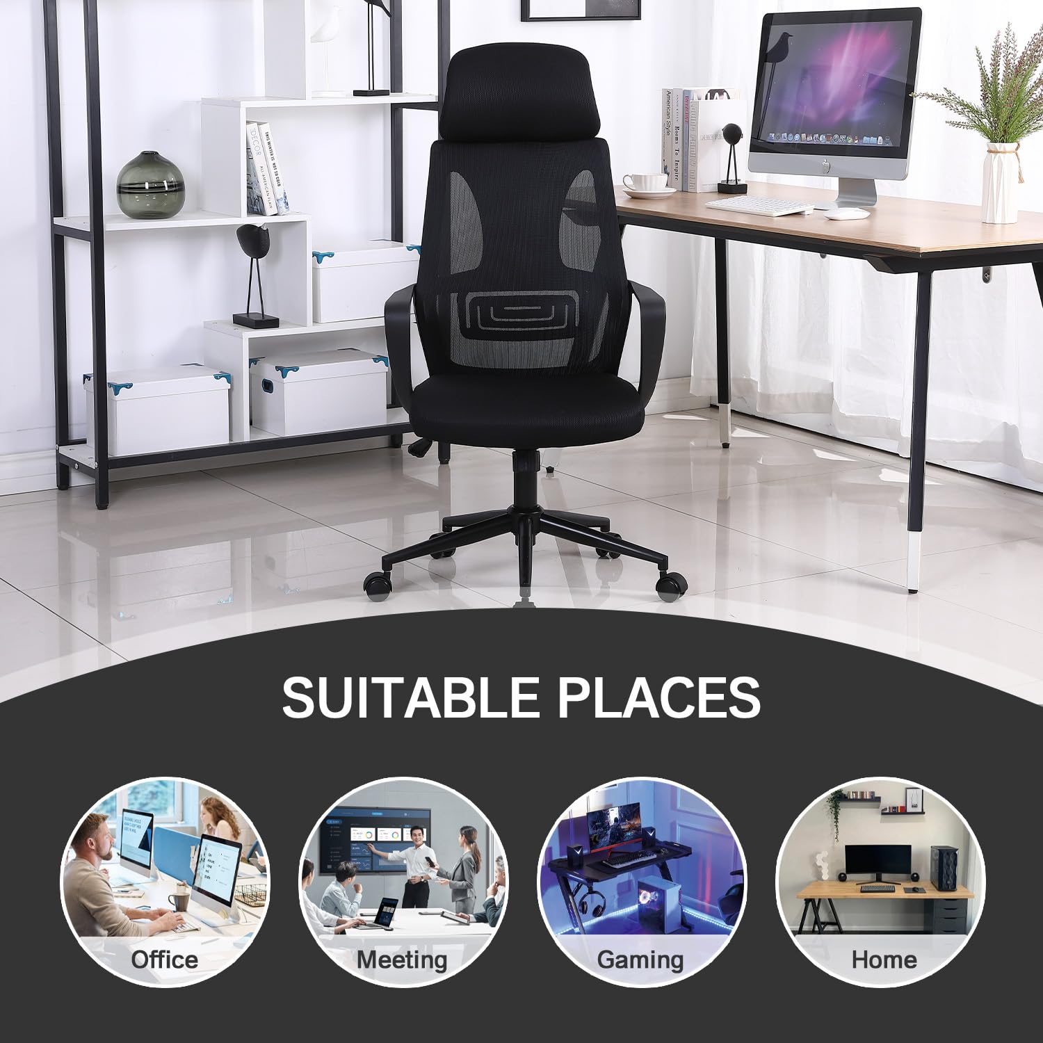 Nusetx Ergonomic Office Desk Chair - High-Back Adjustable Height Computer Chair with Lumbar Support, Armrests, Headrest, and Reclining Function, Swivel Executive Task Chair, Black