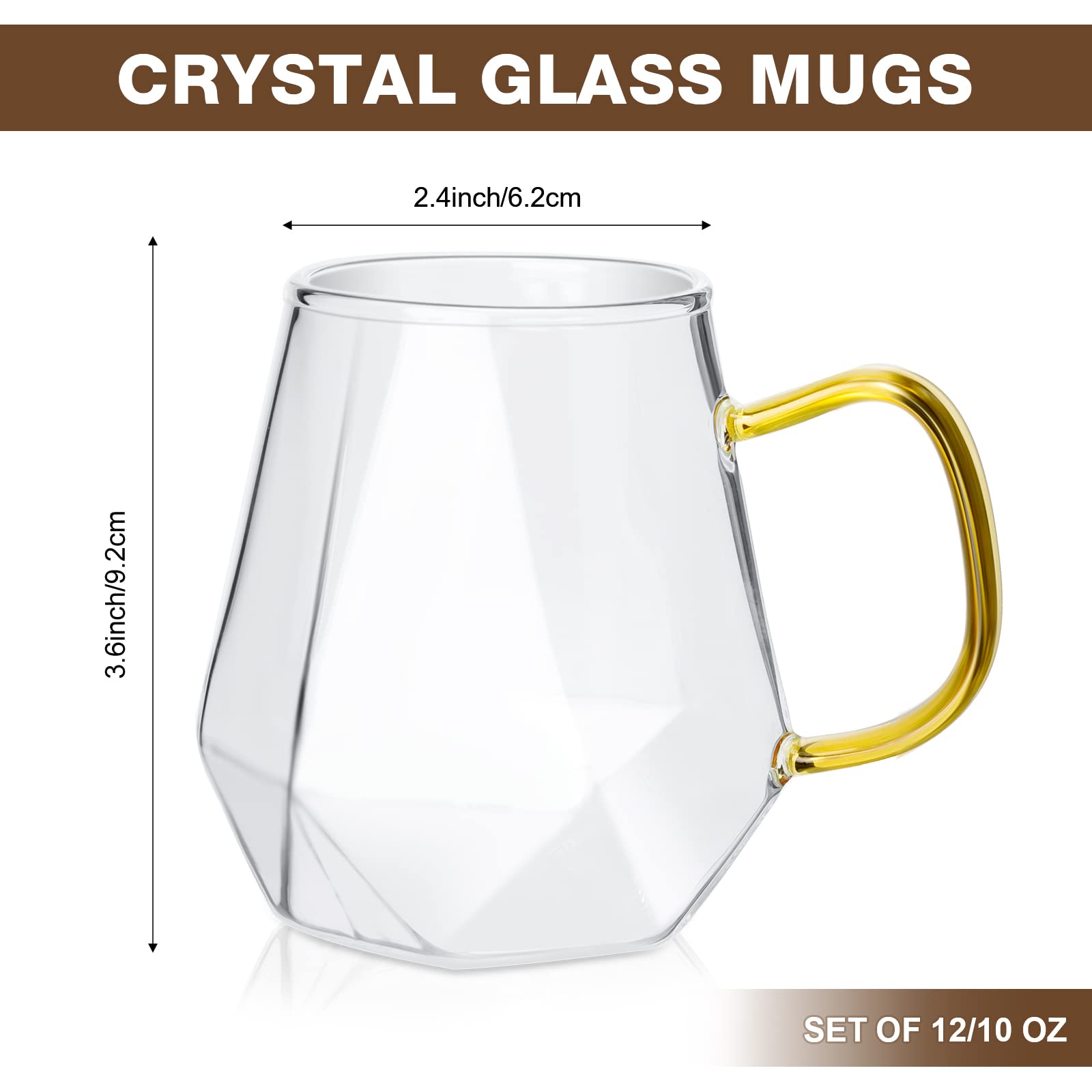 Patelai 12 Pieces Glass Coffee Cups with Handle, 10 oz Crystal Clear Coffee Mugs for Hot Espresso Liquor, Microwave Safe Tea Cups Glass Set Gift, Diamond Design