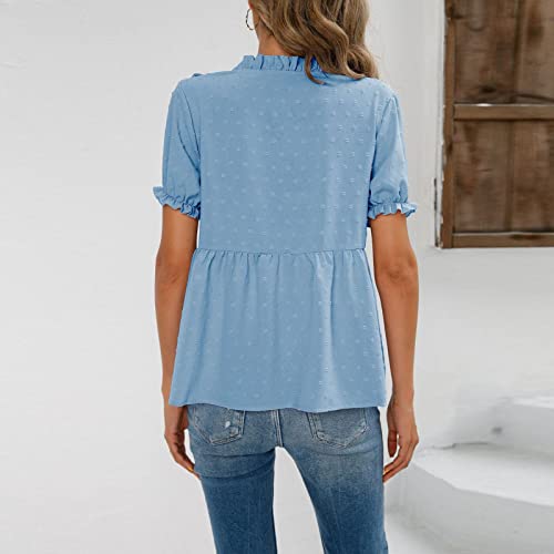 Women's Summer Plain Short Sleeve Tunic Tops Baggy Work T Shirt Loose Vacation Tops Casual Tops Blue