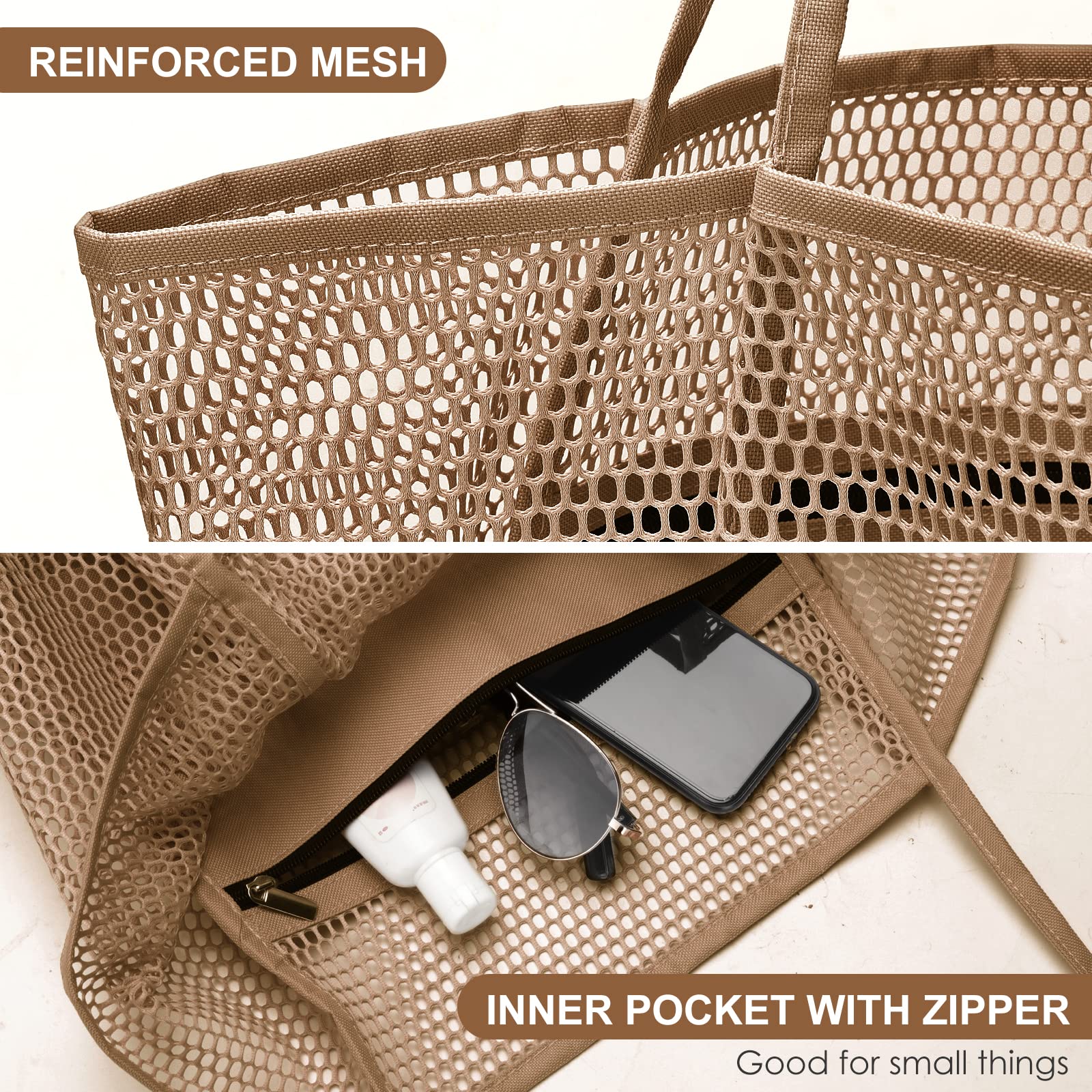 Nausear Mesh Tote Beach Bag Womens Shoulder Handbag - Spacious, Durable, Breathable, Stylish, Multi-Purpose (Brown)