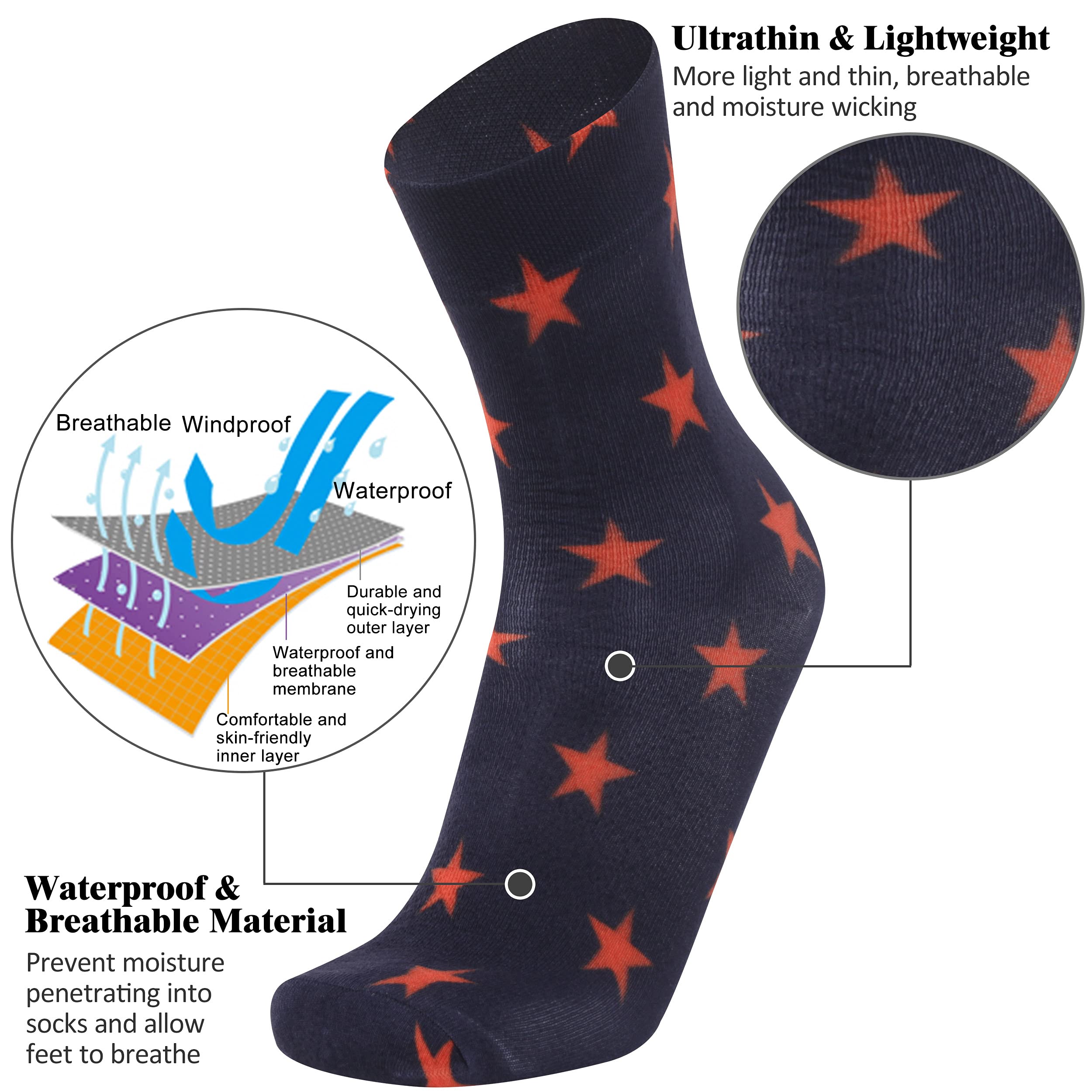 SuMade Waterproof Kayaking Socks, Men Women Ultra Thin Breathable Sweat-Absorbing Training Socks Rain Outdoor Work Boot Lightweight Hiking Fishing Climbing Crew Socks (Black-Red Star, Medium)