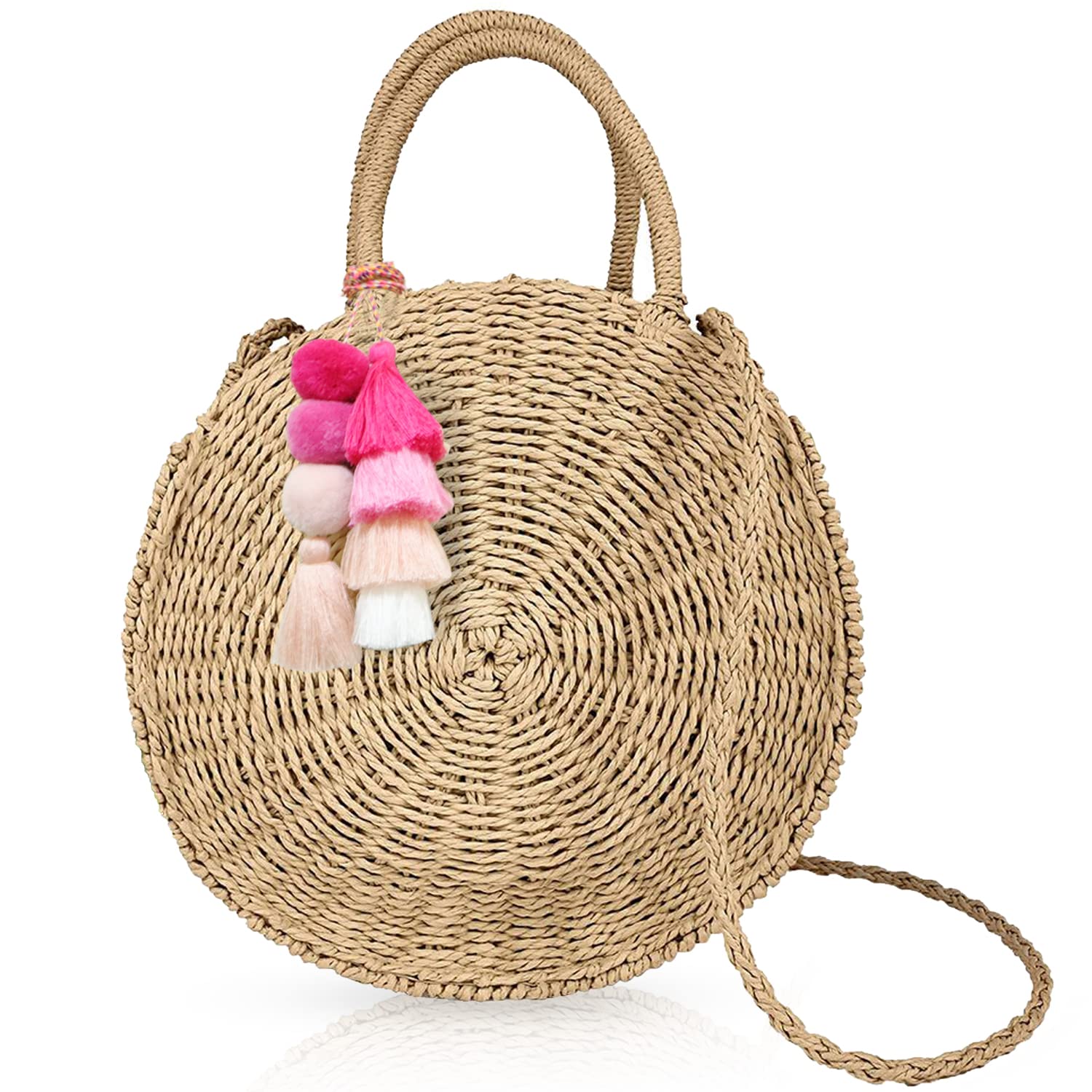 QTKJ Colorful Bohemian Pompom Tassel Keychain Handbags Straw Bag Charms Ornaments Key Ring Pompom Pendant(Pink 1)