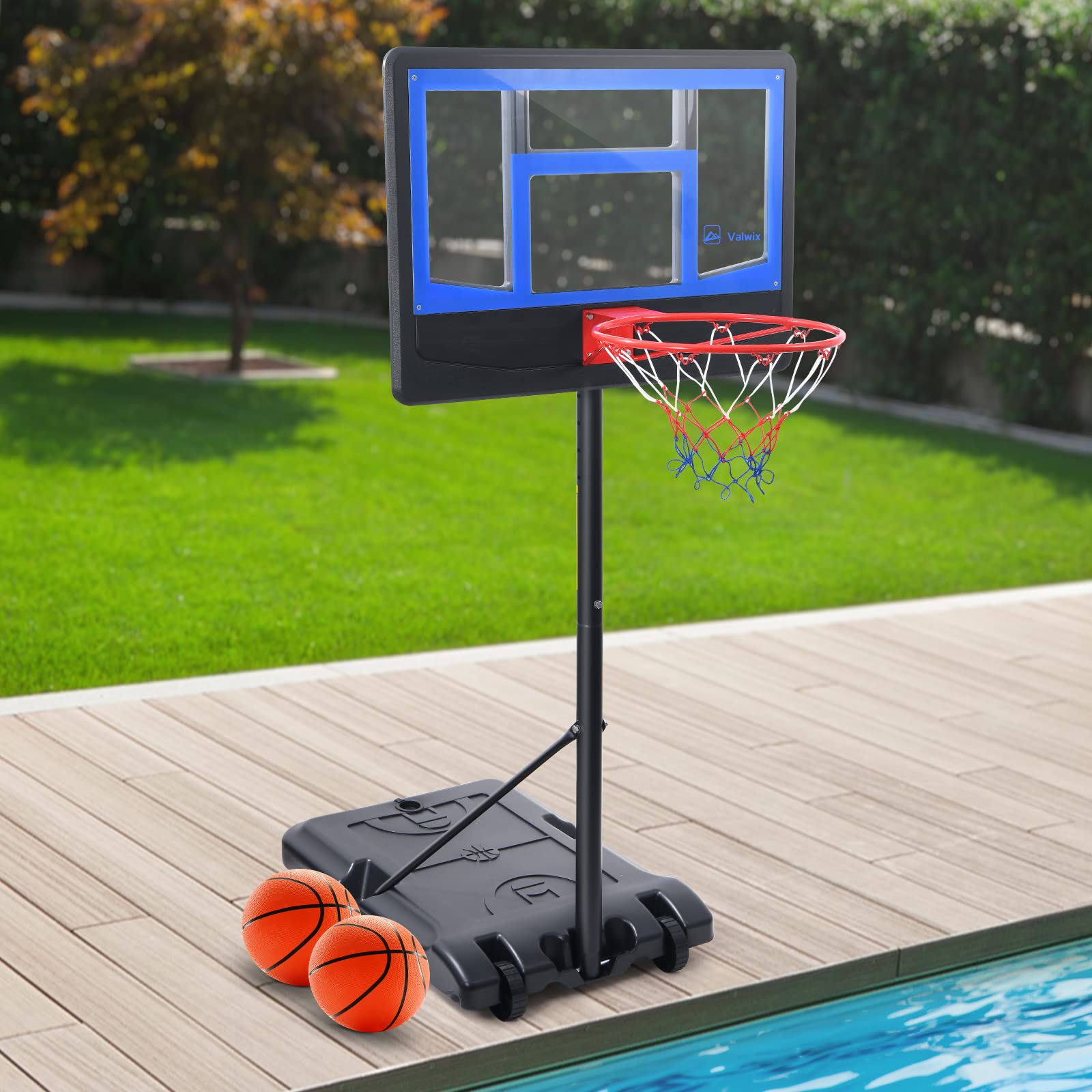 Valwix Swimming Pool Basketball Hoop with Base 47''-59'' Adjustable Height Poolside Basketball Hoop for Pool with 2 Balls and Pump