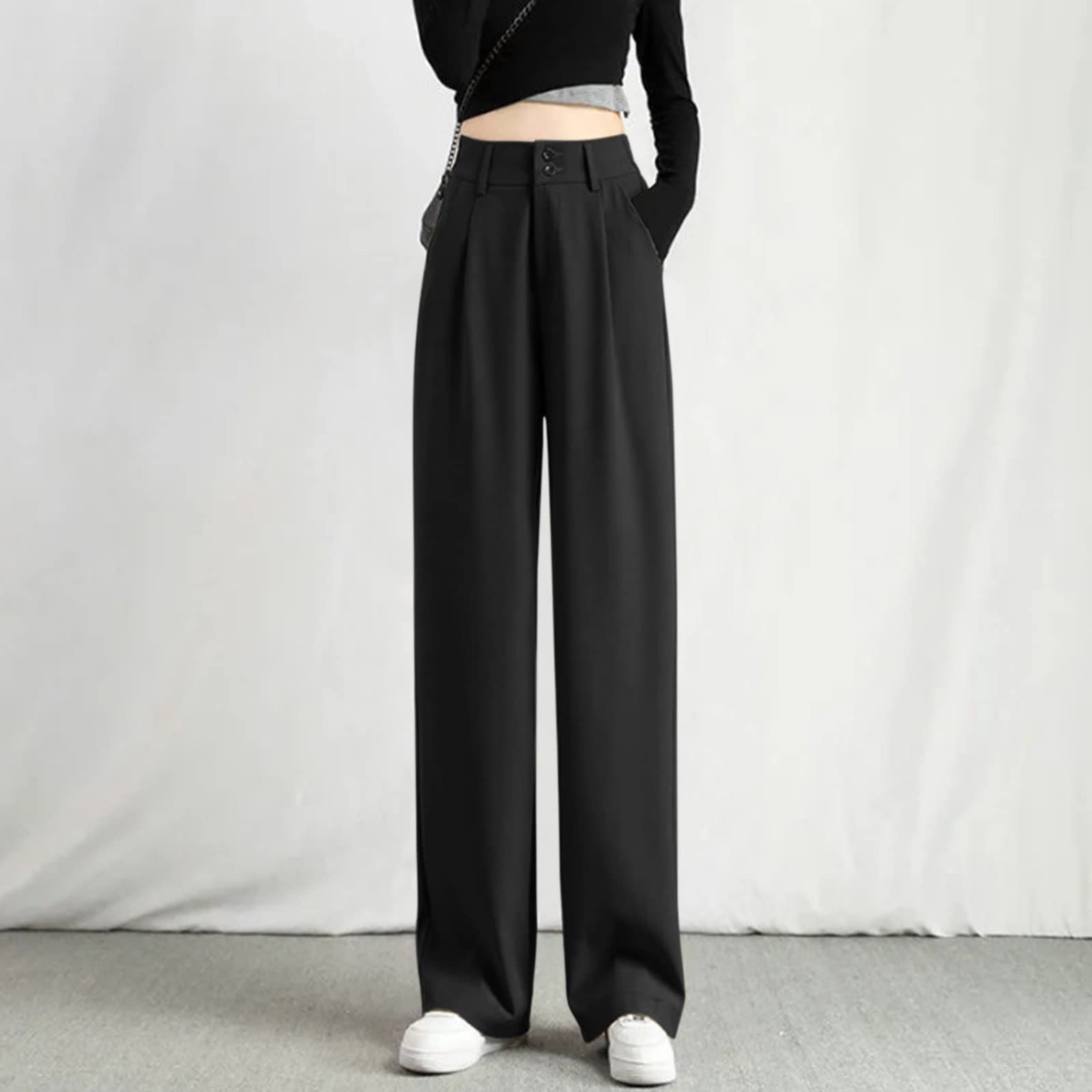 Women's Wide Leg Pants High Elastic Waisted in The Back Business Work Trousers Long Straight Fleece Sweatpants
