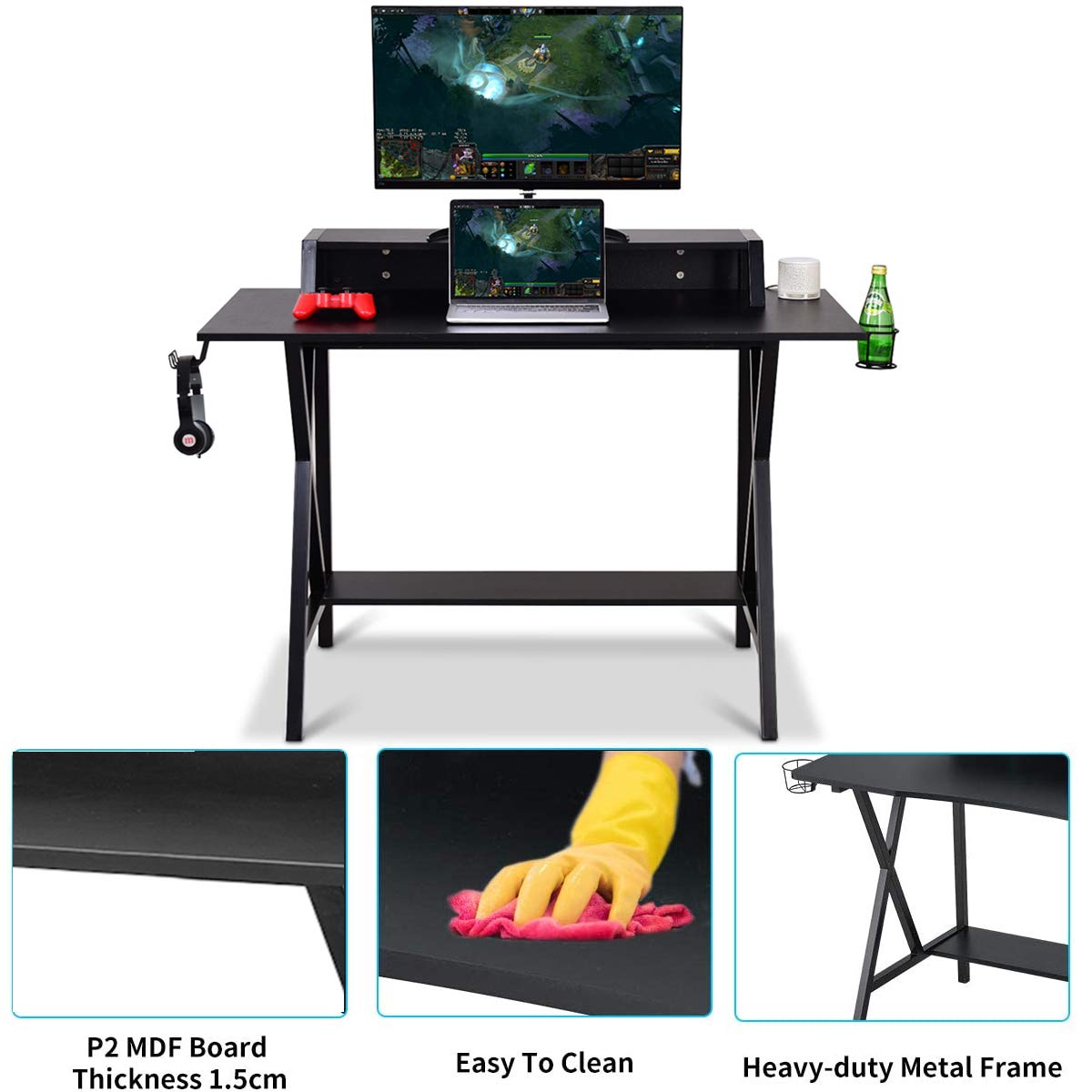 POWERSTONE Gaming Desk - 46” Gaming Computer Desk Office Desk Racing Style PC Gamer Desk Large Writing Workstation Black Home Table
