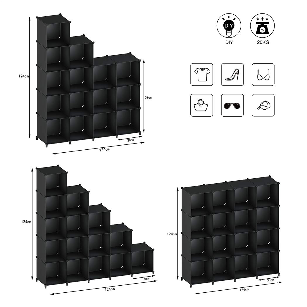 SIMPDIY Storage Modular Cubes 16 Cubes Black (124x124x30cm) Plastic Portable Organizer Bookshelf Shelf Rack