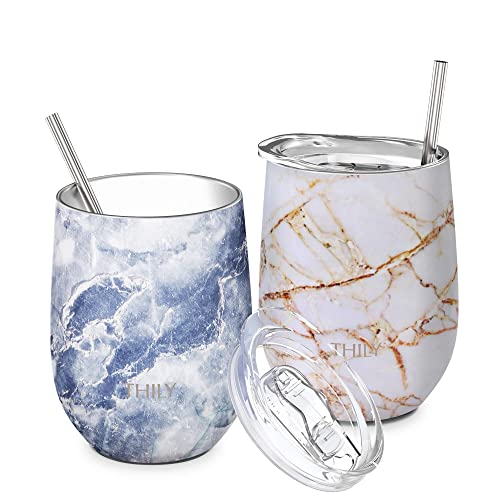 THILY Stainless Steel Insulated Wine Tumblers 12 oz Cute Travel Stemless Glasses with Sliding Lids and Metal Straws, Keep Hot or Cold for Wine, Coffee, Juice, 2 Pack(Gold Marble + Blue Marble)
