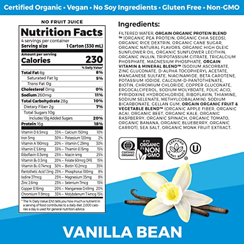 Orgain Organic Nutritional Vegan Protein Shake, Vanilla Bean - 16g Plant Based Protein, Meal Replacement, 21 Vitamins & Minerals, Fruits & Vegetables, Gluten Free, Non-GMO, 11 Fl Oz (Pack of 4)