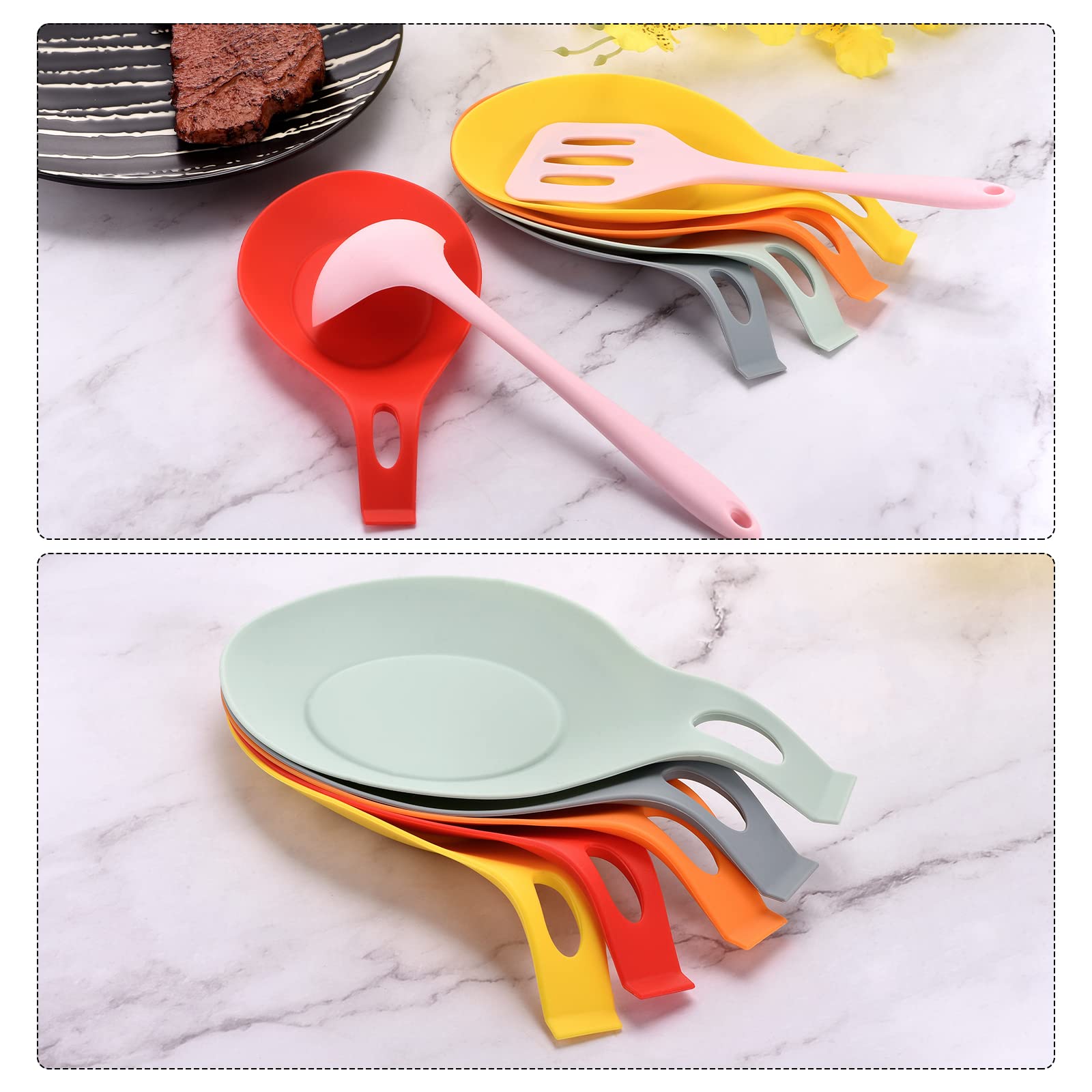 uxcell Silicone Spoon Rest, 7.68" x 3.74" Heat Resistant Kitchen Utensil Holder Spatula Ladle Rest for Counter Stove Top, Light Green/Light Gray 1Set