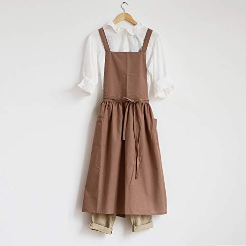 Women Cotton Linen Cross Back Apron with Pockets for Gardening Works Pinafore Dress