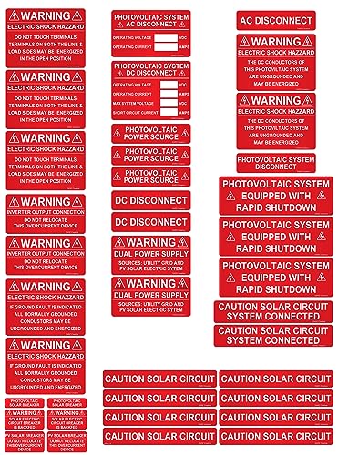 PV Solar System Install Label Kit | 40 Pack | 2020 | 2017 Photovoltaic Safety Labels | Electrical Panel Labels |Photovoltaic System Labels | Solar PV Safety Warning Pack