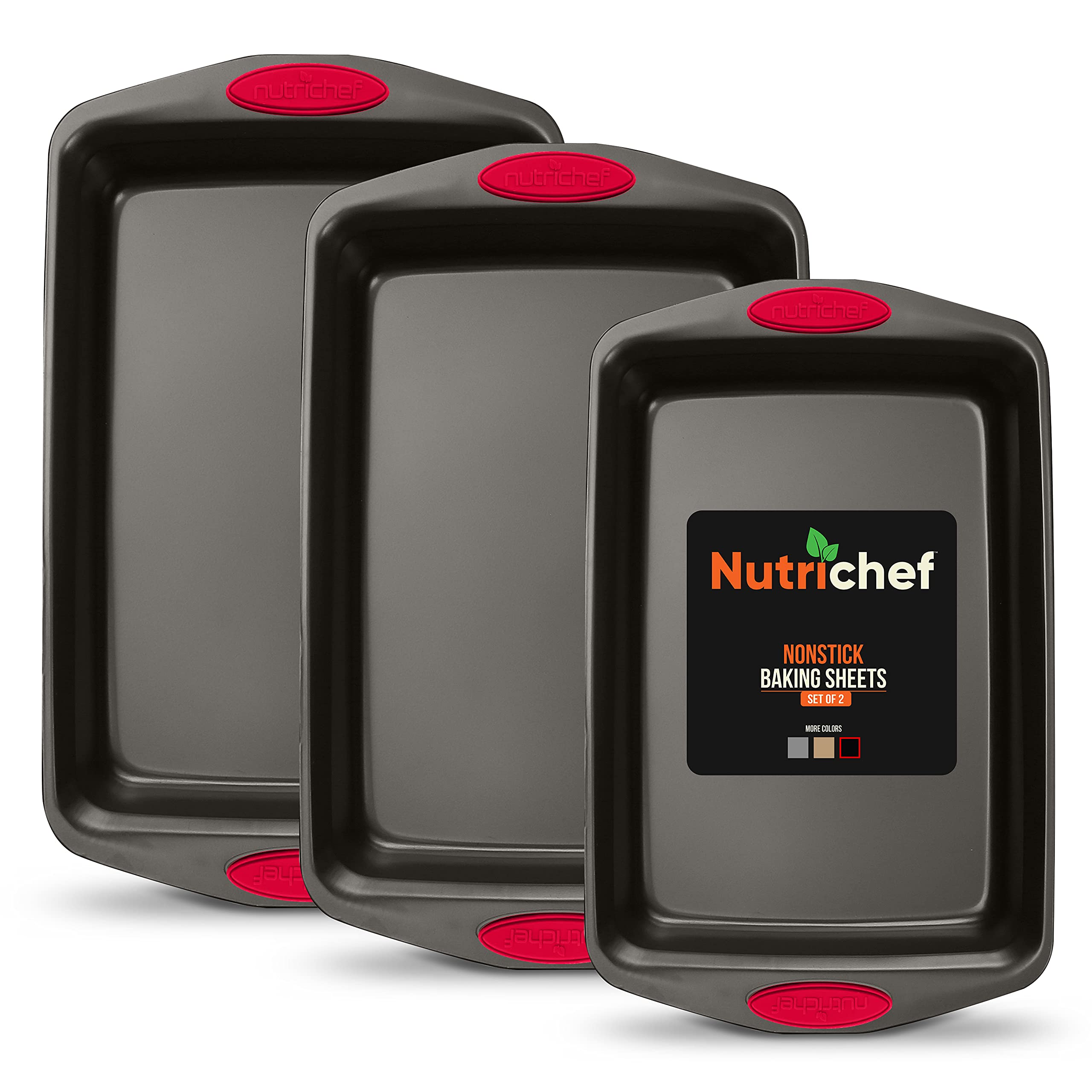 NutriChef 3-Piece Baking Pan Set - Premium Nonstick Carbon Steel Bakeware w/ Silicone Handles - Includes Large, Medium, & Small Pans for Baking & Roasting - PFOA, PFOS, PTFE Free - Gold