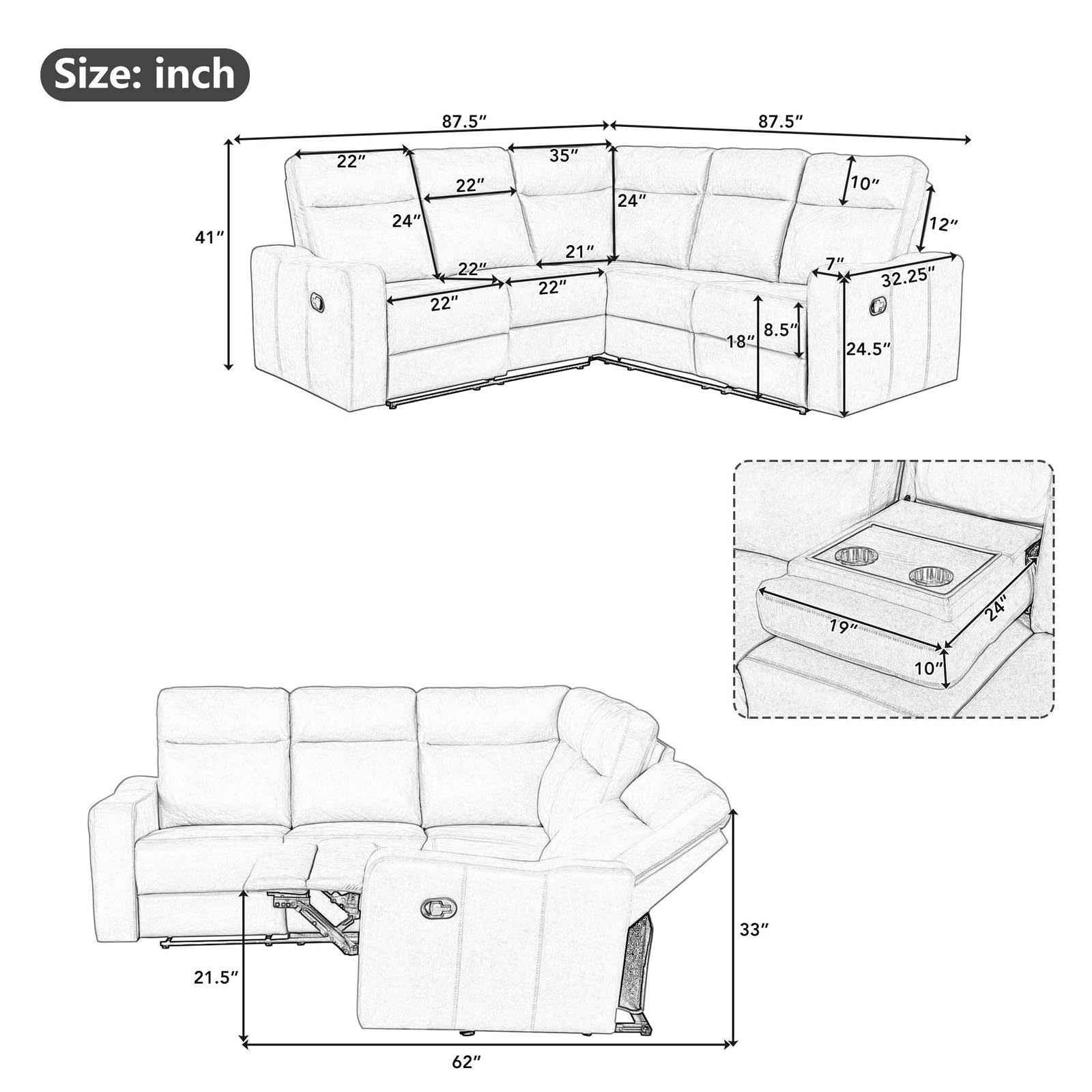 Mystiqueserenity Manual Reclining Home Theater Seating Recliner Chair Sofa with Flipped Middle Backrest and Console, 2 Cup Holders for Living Room, Bedroom, Home Theater, Light Brown