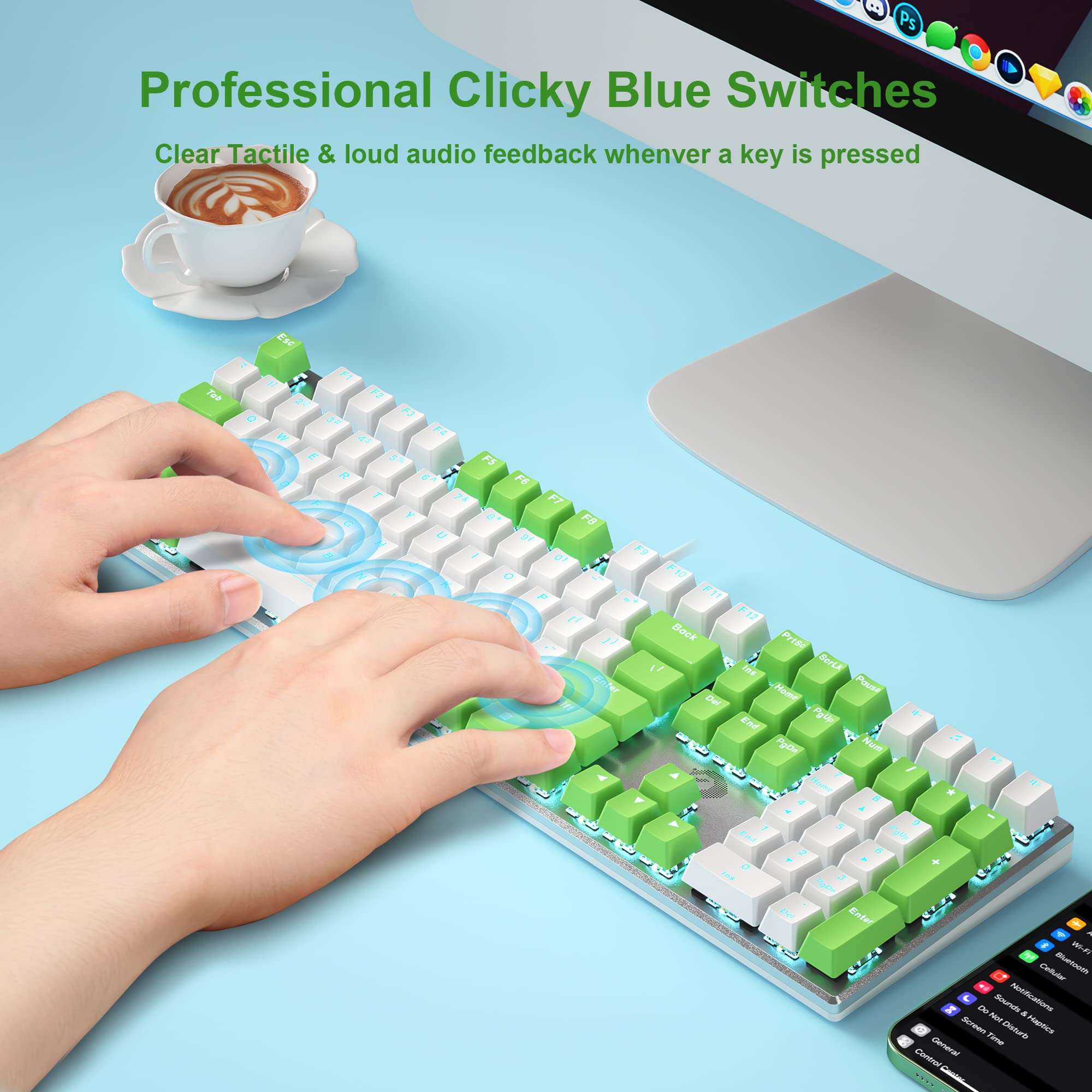 Superbcco Mechanical Gaming Keyboard, LED Backlit Wired Computer Keyboard with Clicky Blue Switches for Windows Gaming PC, 108 Anti-Ghosting Keys, QWERTY, Compact, Aluminum Base for Gamer (Green)