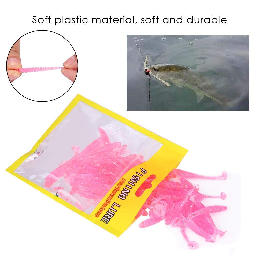 Summer Enjoyment Meiyya Lures Baits, 50PCS 5cm Soft Plastic Fishing Lures T-Tail Grub Worm Baits Fish Tackle Accessory(Pink)