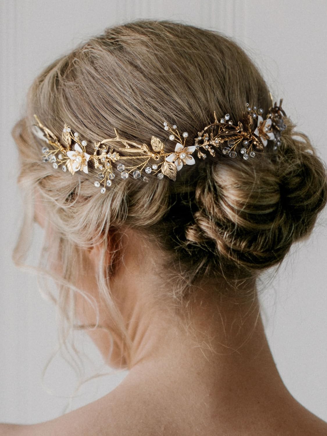 SWEETV Gold Wedding Headband Flower-Leaf Bridal Headpieces for Wedding Hair Accessories for Brides Crystal Pearl Hair Vine