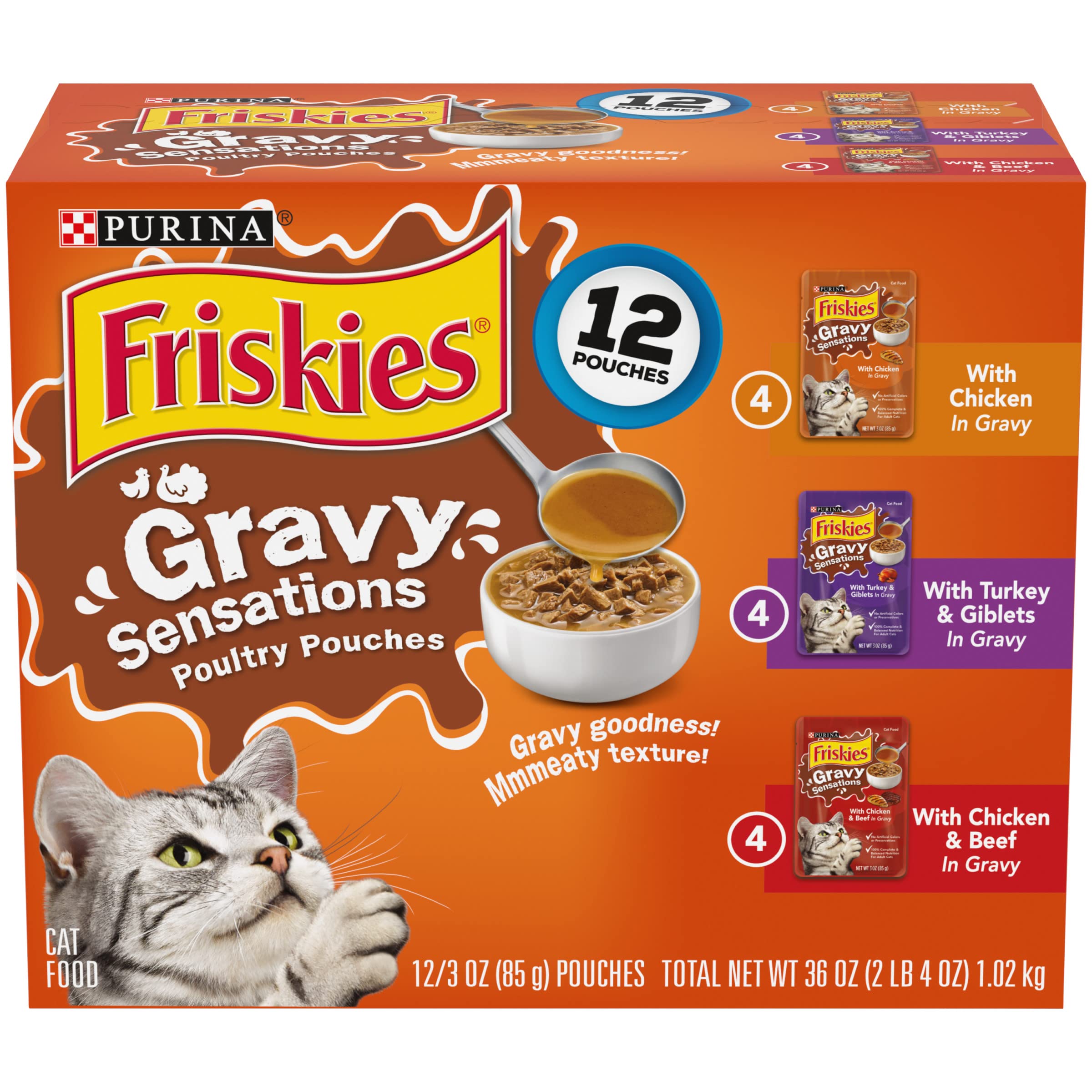 Purina Friskies Gravy Wet Cat Food Variety Pack, Gravy Sensations Poultry Pouches - (12) 3 oz. Pouches