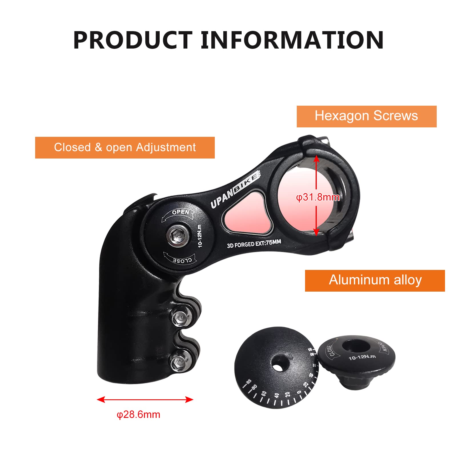 UPANBIKE Bike Stem - 130 Degree Adjustable Bicycle Stem- 75mm Handlebar Stem Riser for 31.8(1-1/4") Handlebars