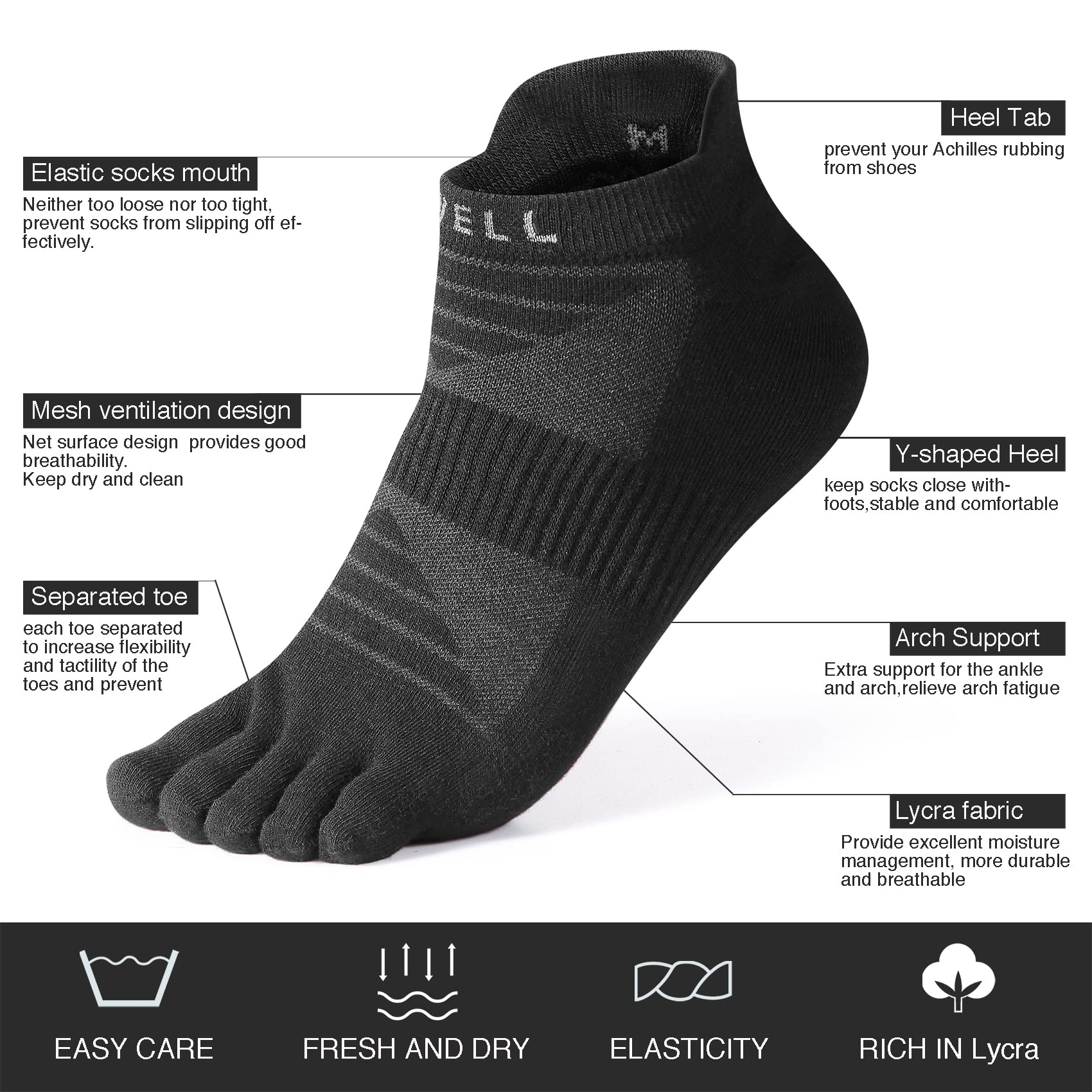VWELL Toe Socks for Men Women Coolmax Five Toe Socks, High Performance Five Finger Socks Ankle Running 5 Toe Socks, 3 Pairs