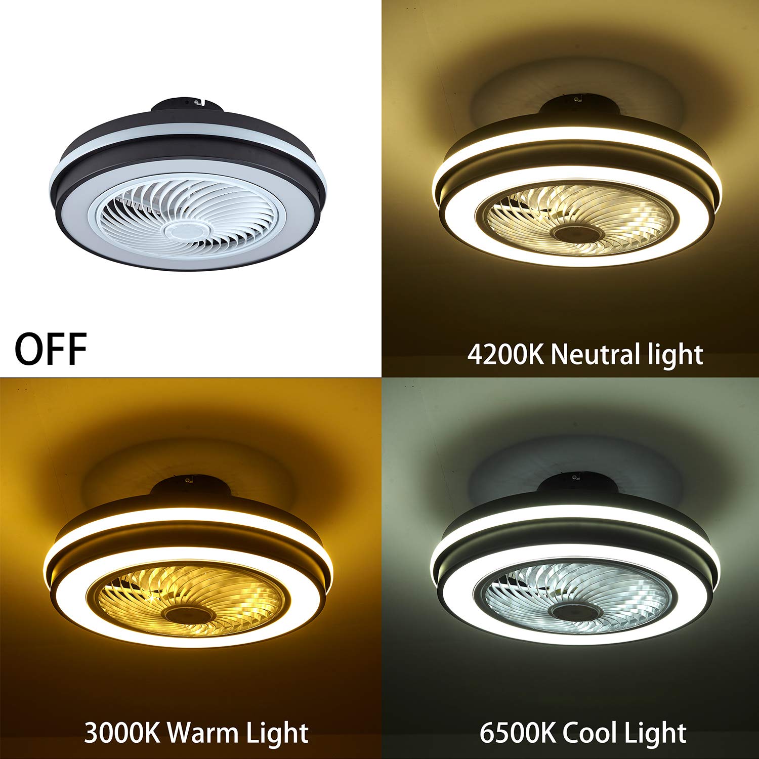 SHENGQINGTOP Modern LED Enclosed Ceiling Fan with Lights Remote Control 40W 20 Inches Round Flush Mount Low Profile Ceiling Fan, 7 Blades, 3 Color changeable, 3 Speed, Timing, Black