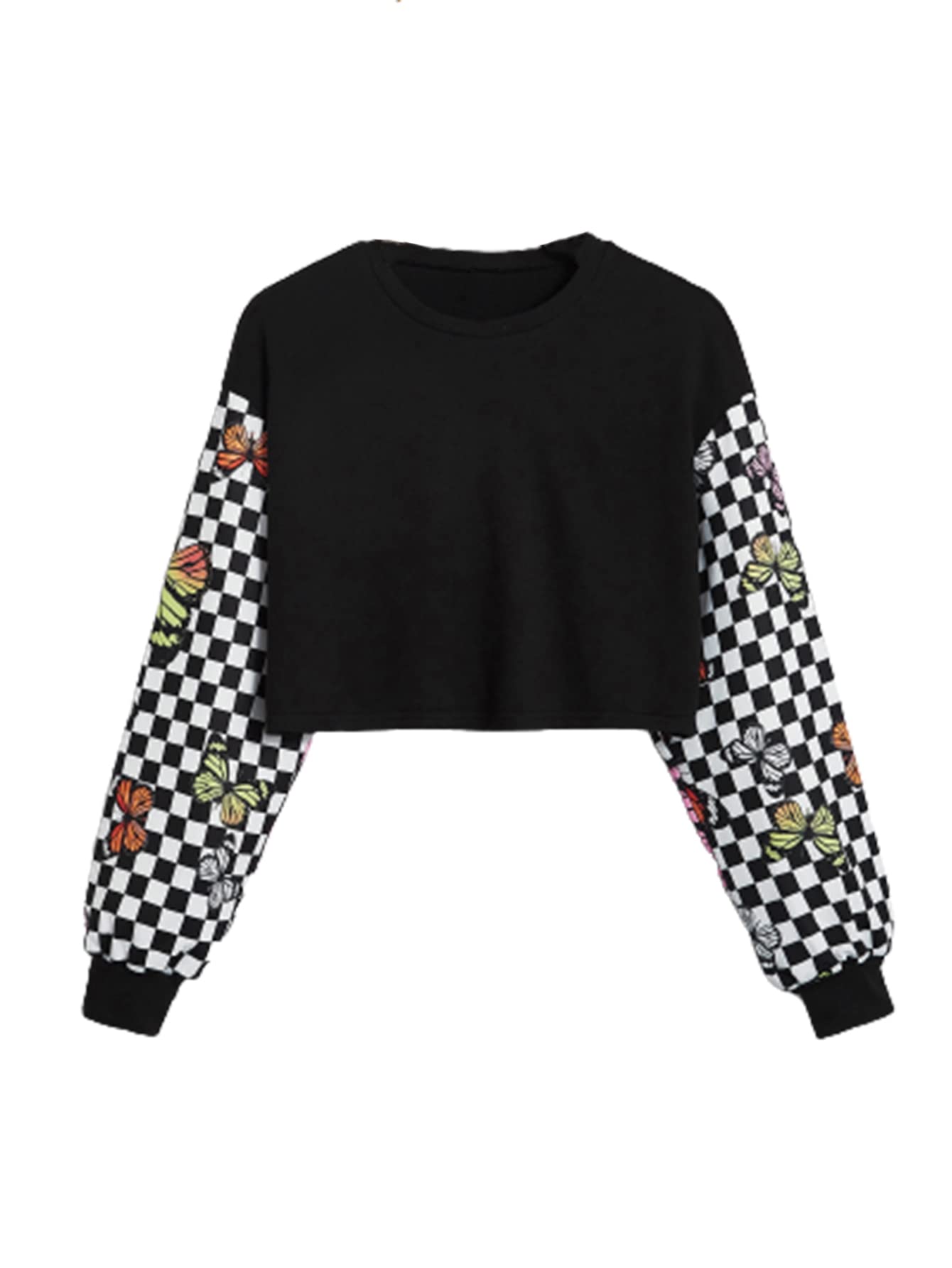 SHENHE Girl's Plaid Long Sleeve Crewneck Graphic Color Block Cropped Sweatshirt Tops Black Checker Butterfly 8-9Y