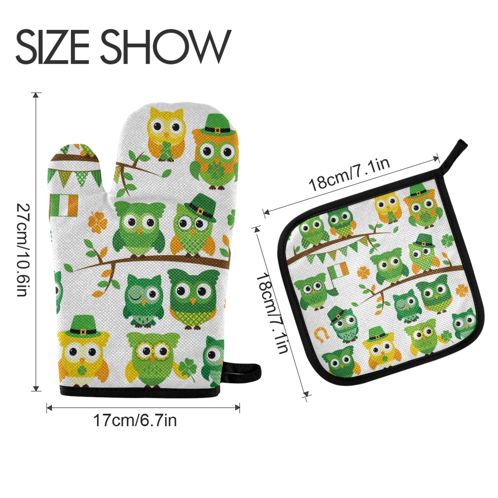 St Patrick Owls Oven Mitt and Hot Pads Set,Good Luck Cooking Heat Resistant Potholder Glove 2pcs for Kitchen Cooking BBQ Bakeware