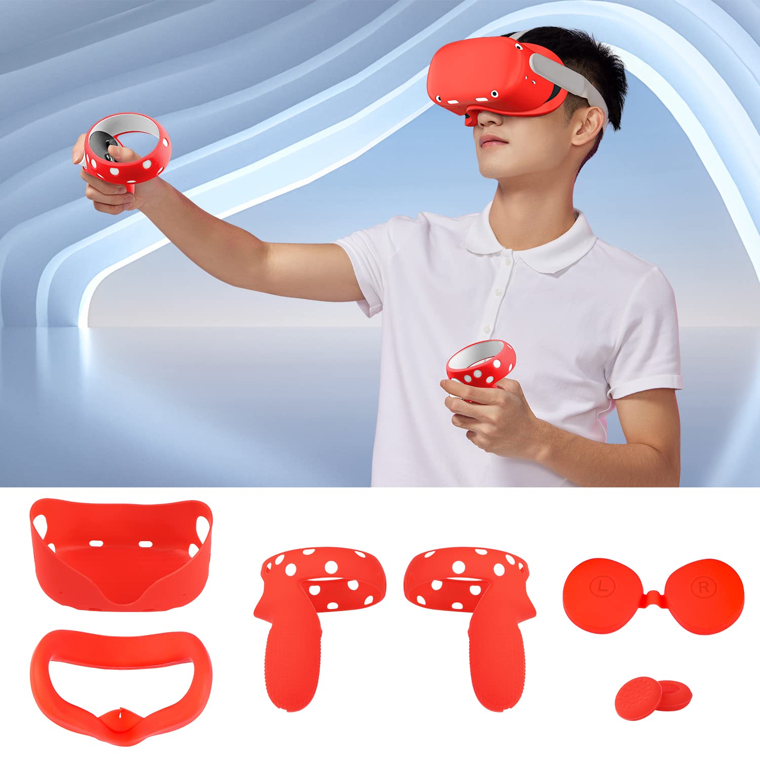 YIZEIJOB Silicone Cover Set Accessories for Oculus Quest 2, Quest 2 Front Shell Protector Cover, Controller Grips Cover, Lens Protective Cover, Anti-Throw Face Pad, 4PCS VR Bundle-Red