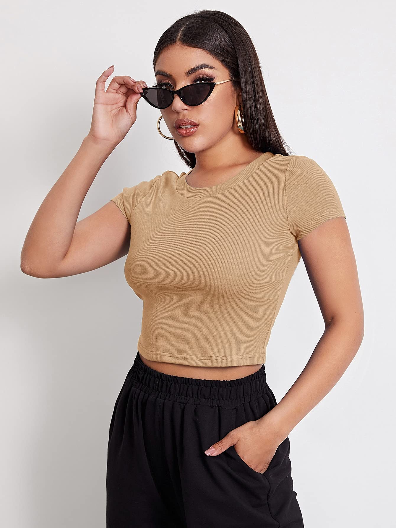 Romwe Women's Casual Summer Crop Top Solid Short Sleeve Workout Crop Blouse Tee T-Shirt Khaki S