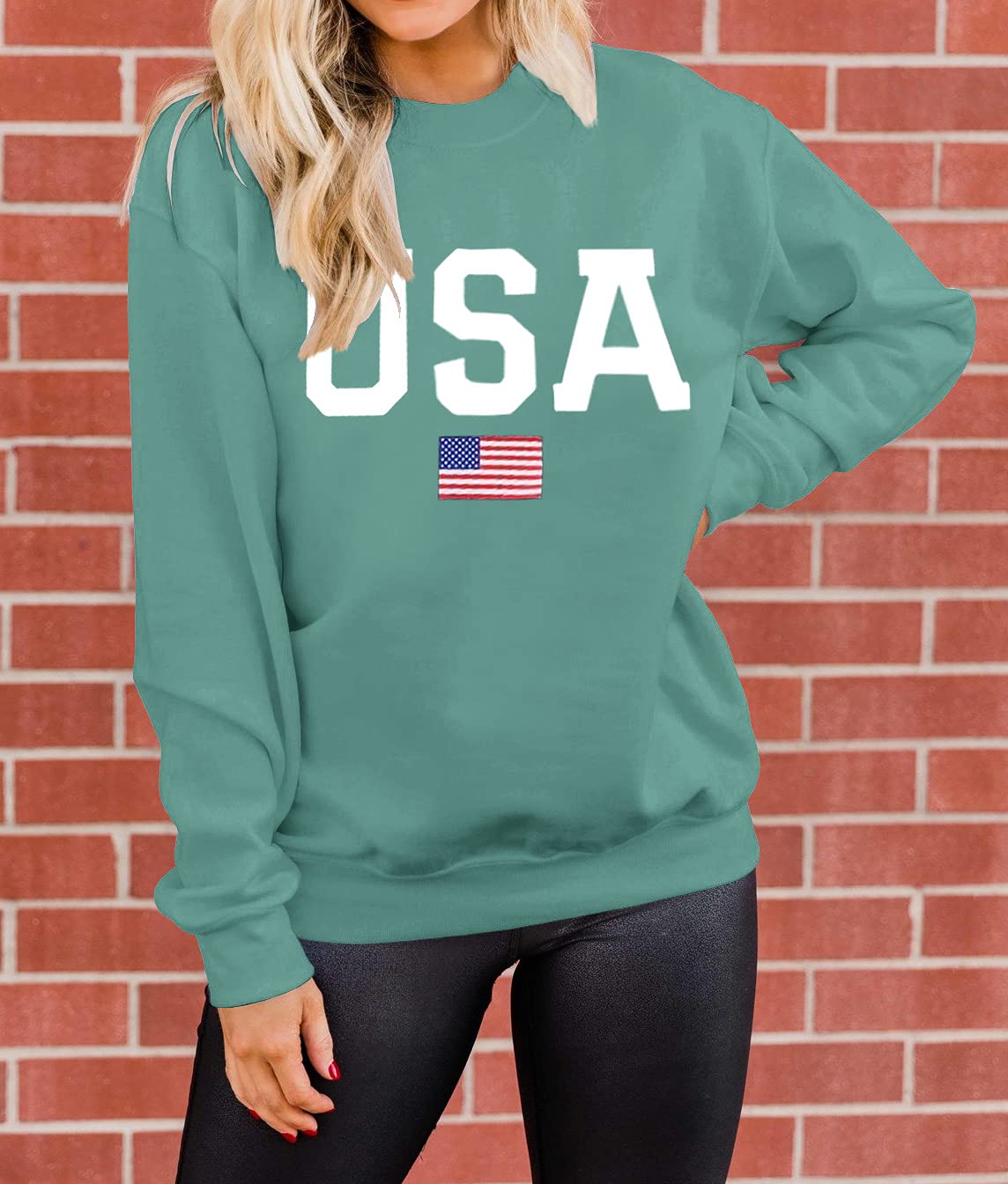 Women Long Sleeve Sweatshirt USA Flag Print Graphic Shirts Crew Neck America Pullovers Tops Blue Green Large