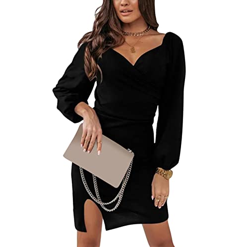 V Neck Long Sleeve Mini Dress Party Dress Women's Solid Color Cross V-Neck Shift Dress Side Split Dress