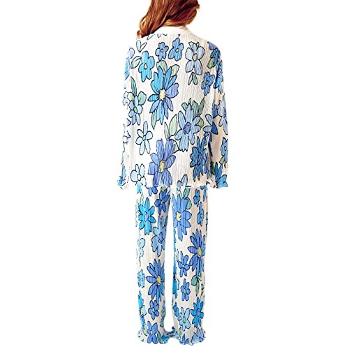 Women 2 Piece Pleated Pants Set Boho Floral Print Long Sleeve Button Down Shirt Summer Cute Linen Pants Outfits (Blue, M)