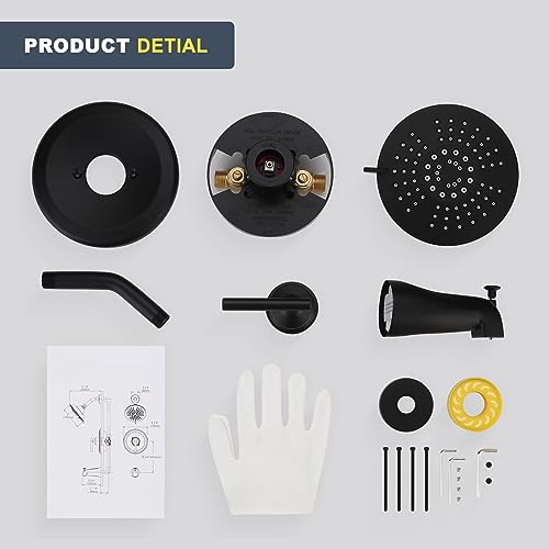 WOWOW Matte Black Shower Faucet Set with Tub Spout and 6-Inch Rain Shower Head, Brass Shower System Single Handle Tub and Shower Trim Kit (Valve Included)