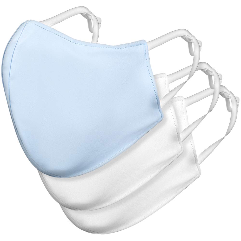 Purity Reusable Face Mask with Comfortable Elastic Earloop (Pack of 3, Collection of 2 White Masks & 1 Blue Mask), Washable Protective Fabric Mask – Unisize