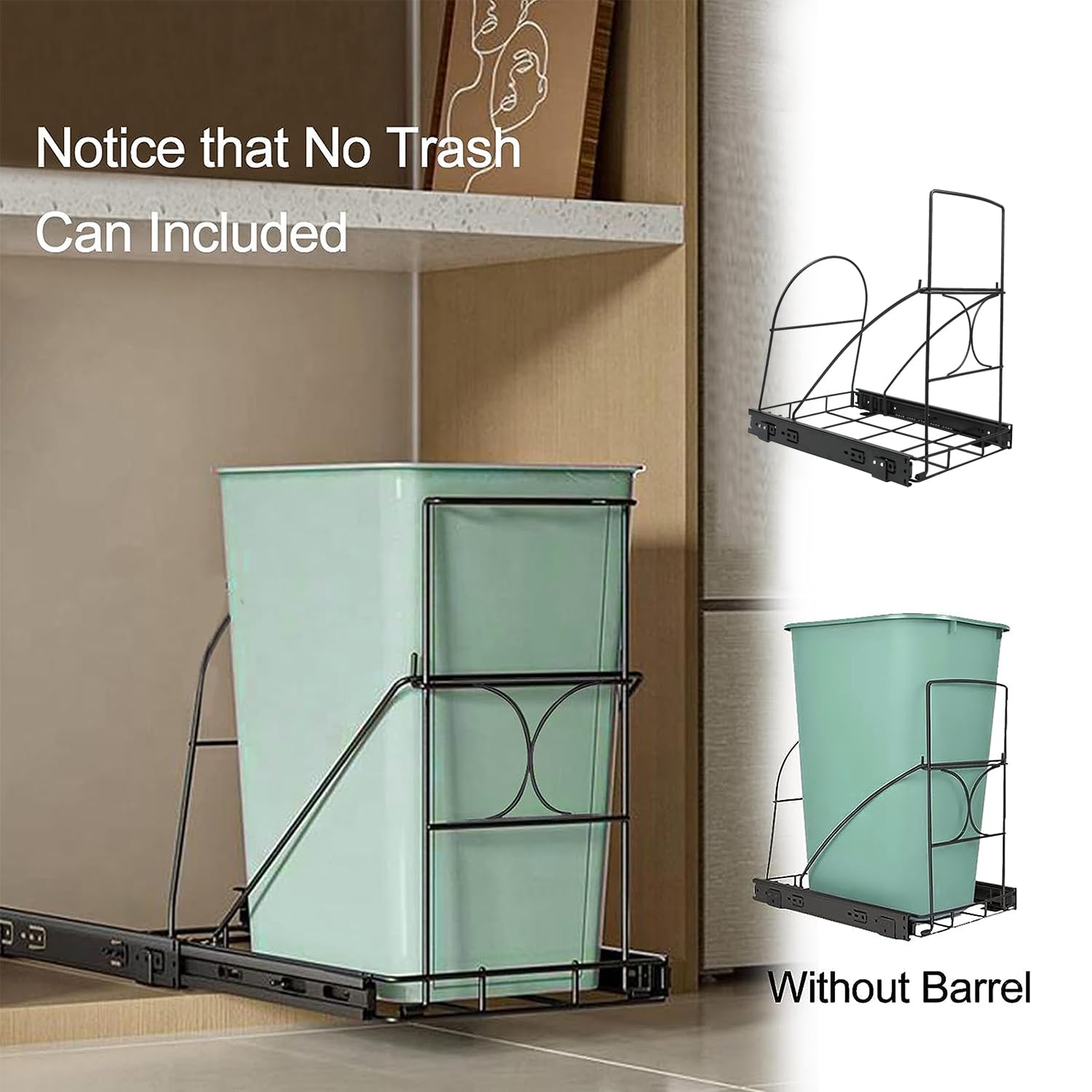 oxinyra Pull Out Trash Can Under Cabinet, 35Qts Under Sink Trash Can Shelf for Kitchen Cabinets, Adjustable Slide Out Garbage Can Kit Black, Trash Can Not Included