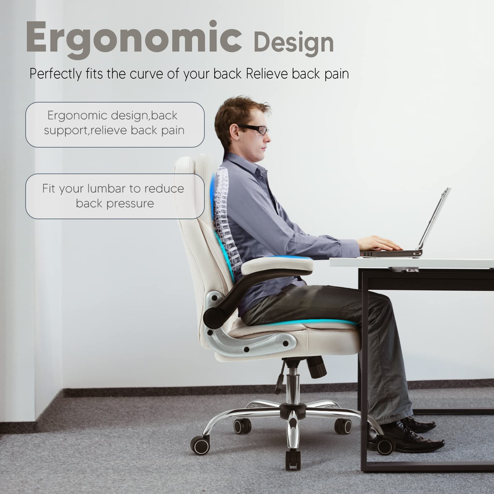 Seatingplus Ergonomic Executive Office Chair with Lumbar Support High Back Computer Desk Chairs with Wheels and Flip-up Arms, Linen Fabric, Black