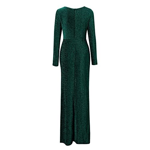 Women Glitter Maxi Dress Long Sleeve High Waist Wrap V-Neck Split Zipper Elegant Evening Dress Green