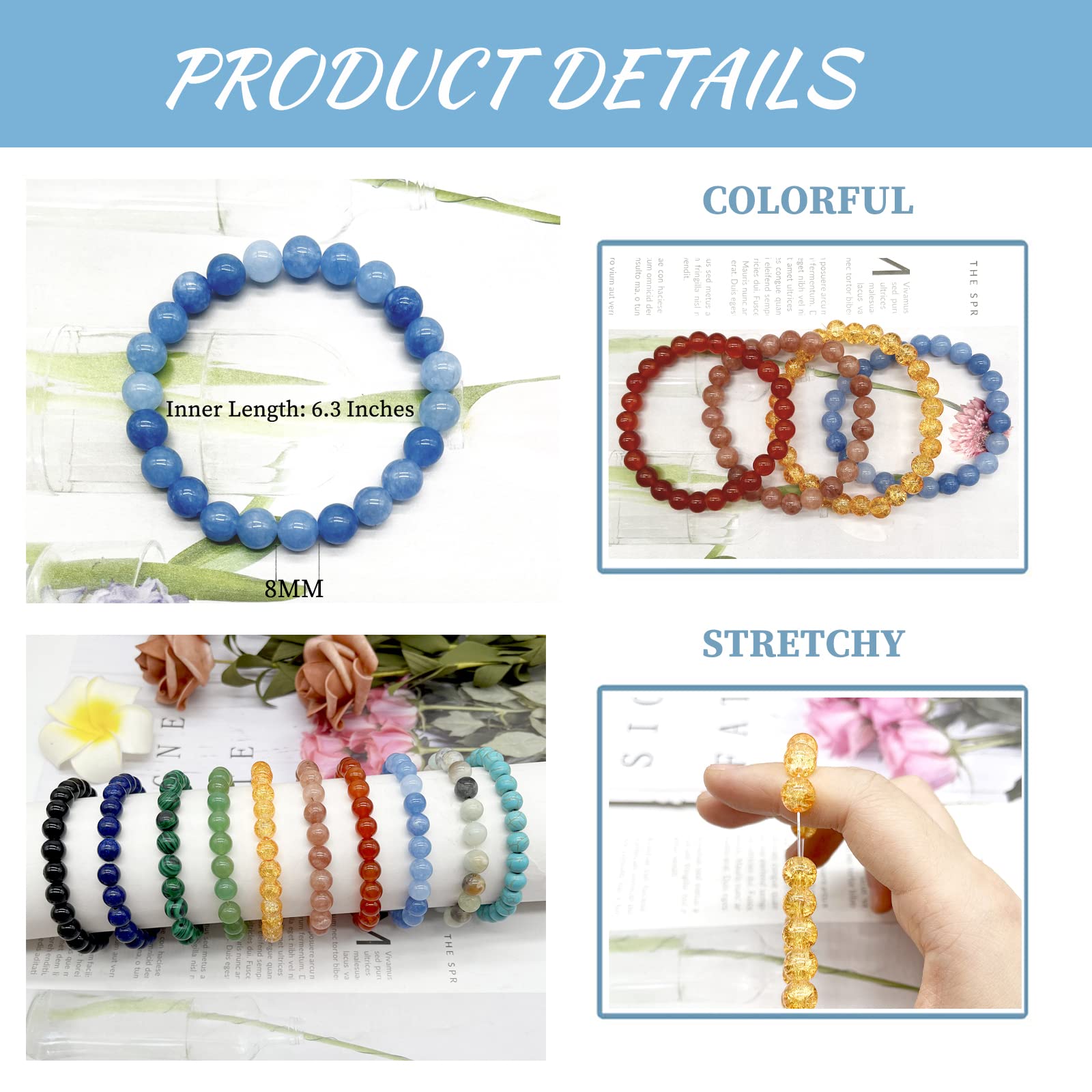 Svovin 12 Pcs 8mm Gemstones Beaded Bracelets for Women Men Stone Bead Healing Stretch Round Bead Crystal Semi-Precious Bracelets Unisex