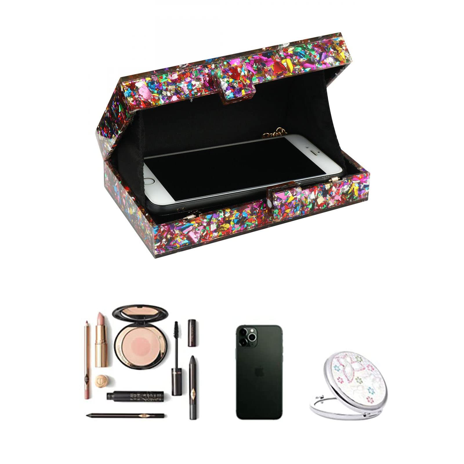 Women Sequin Acrylic Clutch Box Crossbody Bag Handbag Bridal Party Cocktail Evening Clutch Purse (Multi-colored)
