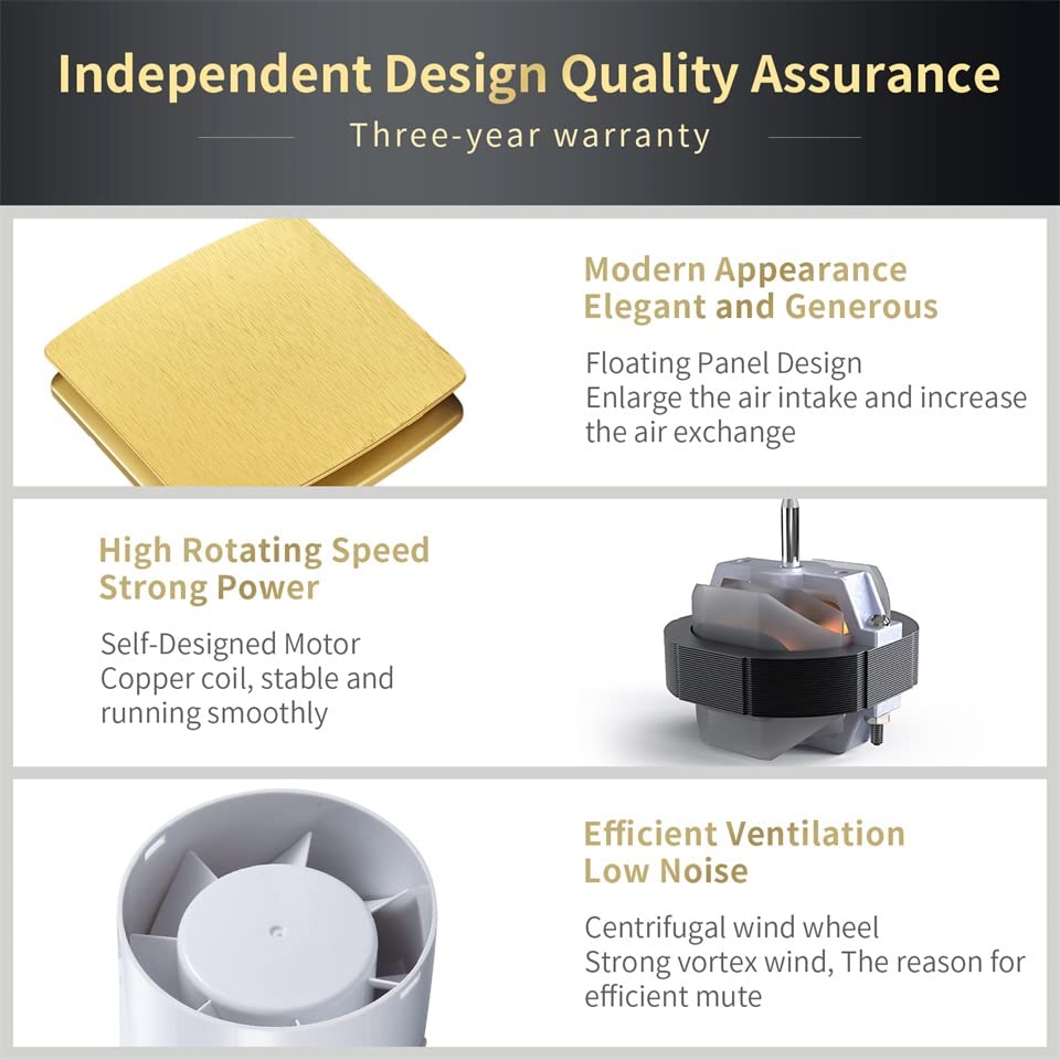 Zeyzer Gold Bathroom Exhaust Fan 110 CFM 1.0 Sone 5.9" Duct Modern Square Ceiling or Wall Mount Ventilation AC Vent Fan for Bathroom/Corridor/Office/Laundry Room/Shop
