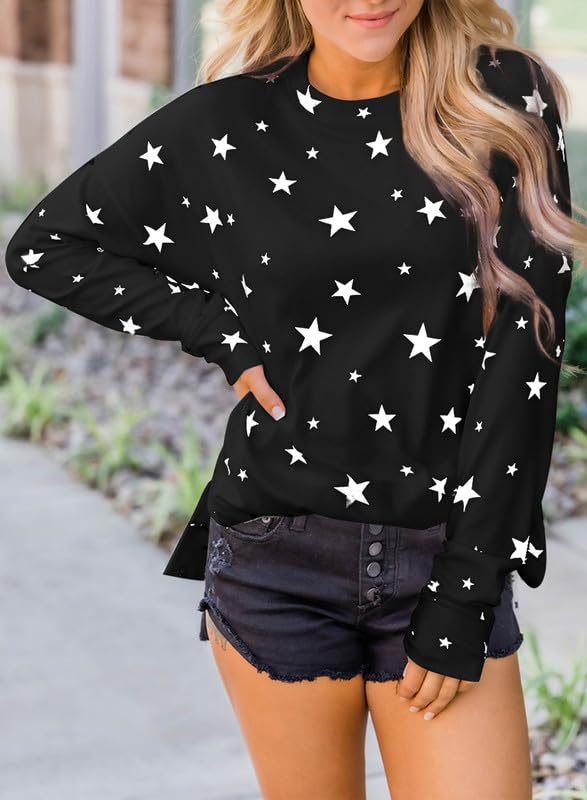 SHEWIN Womens Casual Fashion Crewneck Sweatshirt Loose Star Printed Long Sleeve Tee Shirts Lightweight Soft Oversized Sweatshirts Pullover Tops Shirt,US 12-14(L),Black