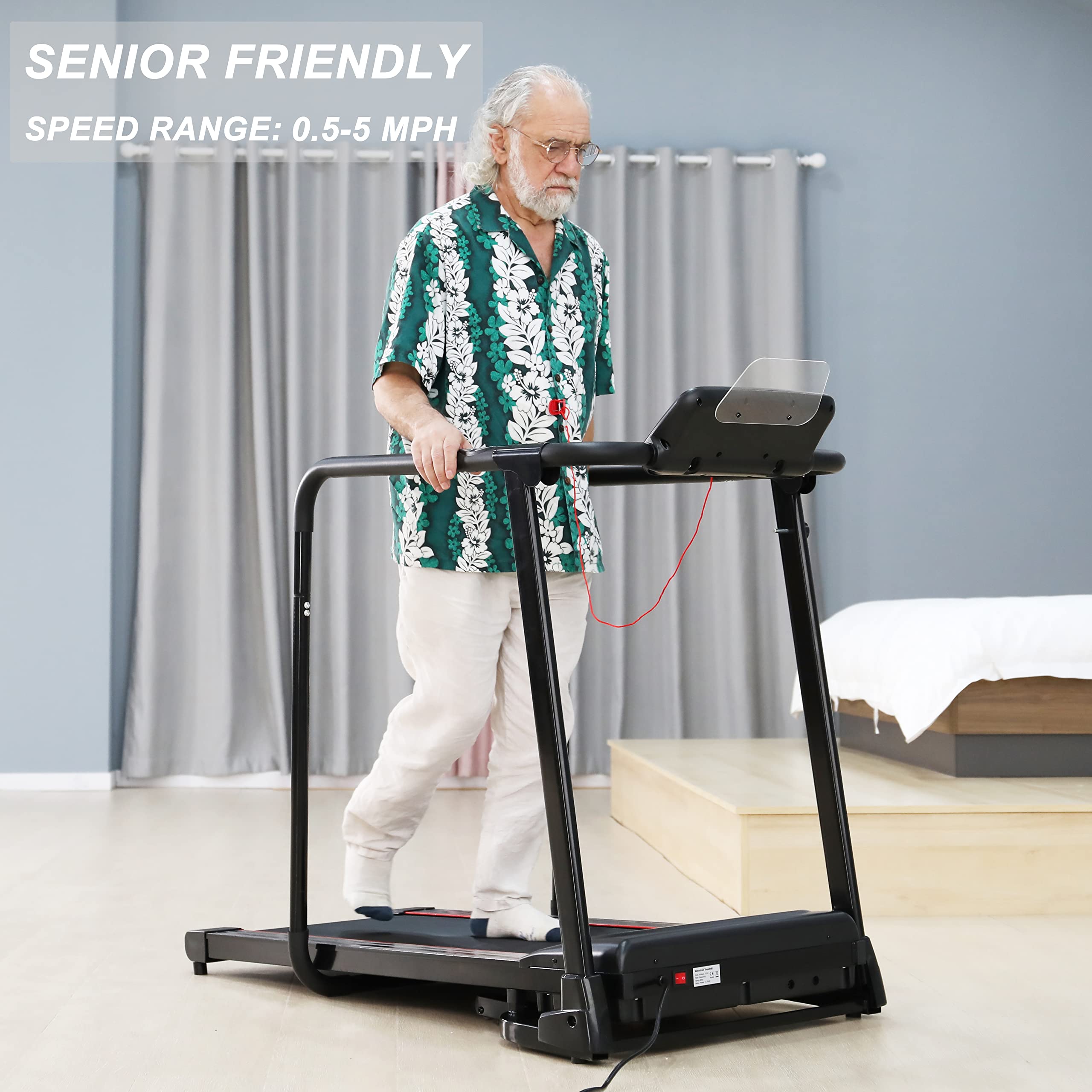 Walking Treadmill Long Handraill Recovery Fitness Foldable Machine with Low Wide Belt for Seniors Balance 265 lbs Capacity