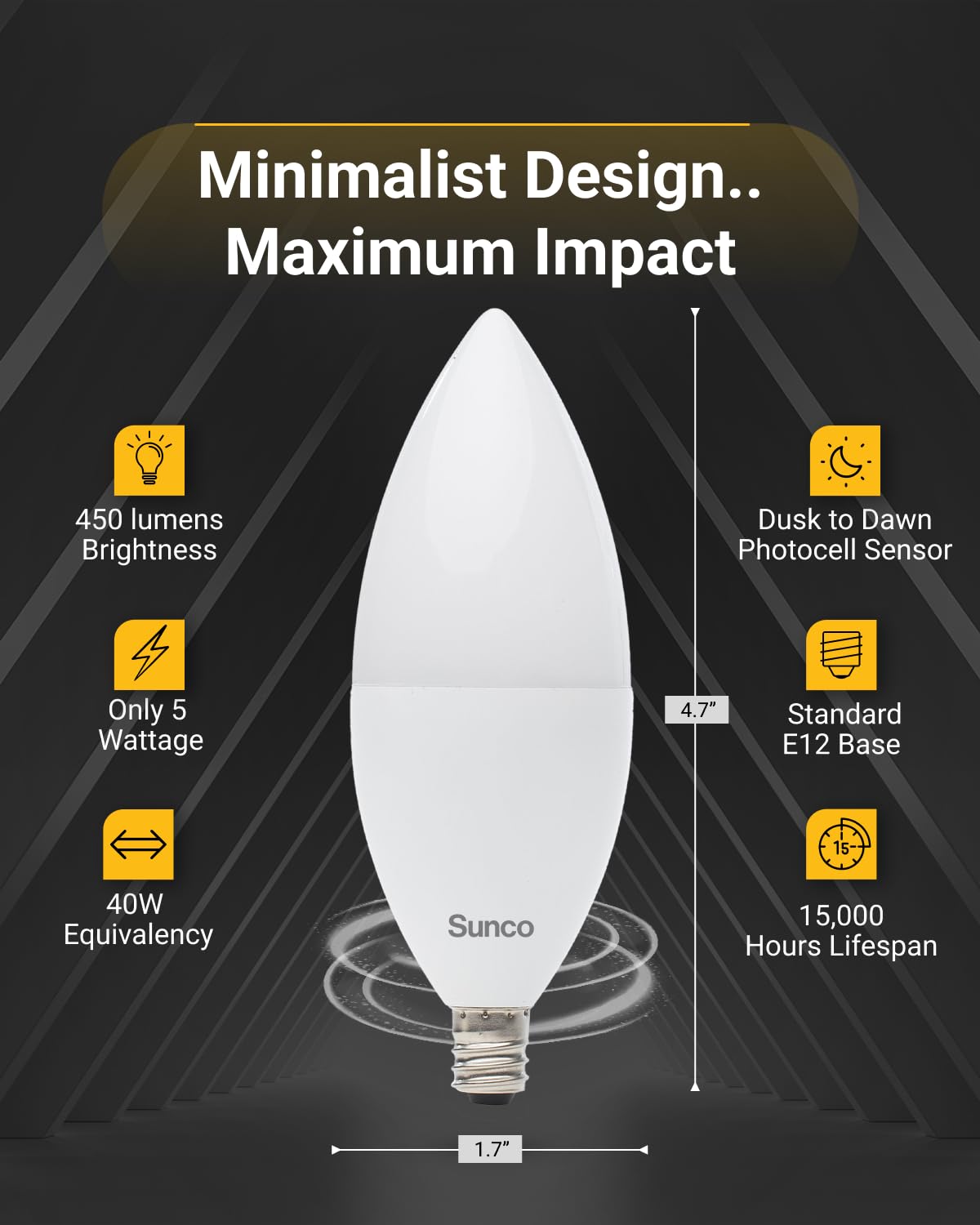 Sunco 10 Pack Dusk to Dawn Light Bulbs Outdoor Light Sensing B11 LED Candelabra Bulb, Photocell Sensor, 5W=40W, 6000K Daylight Deluxe, 450 LM E12 Base Frosted, Decorative Light for Sconces–UL