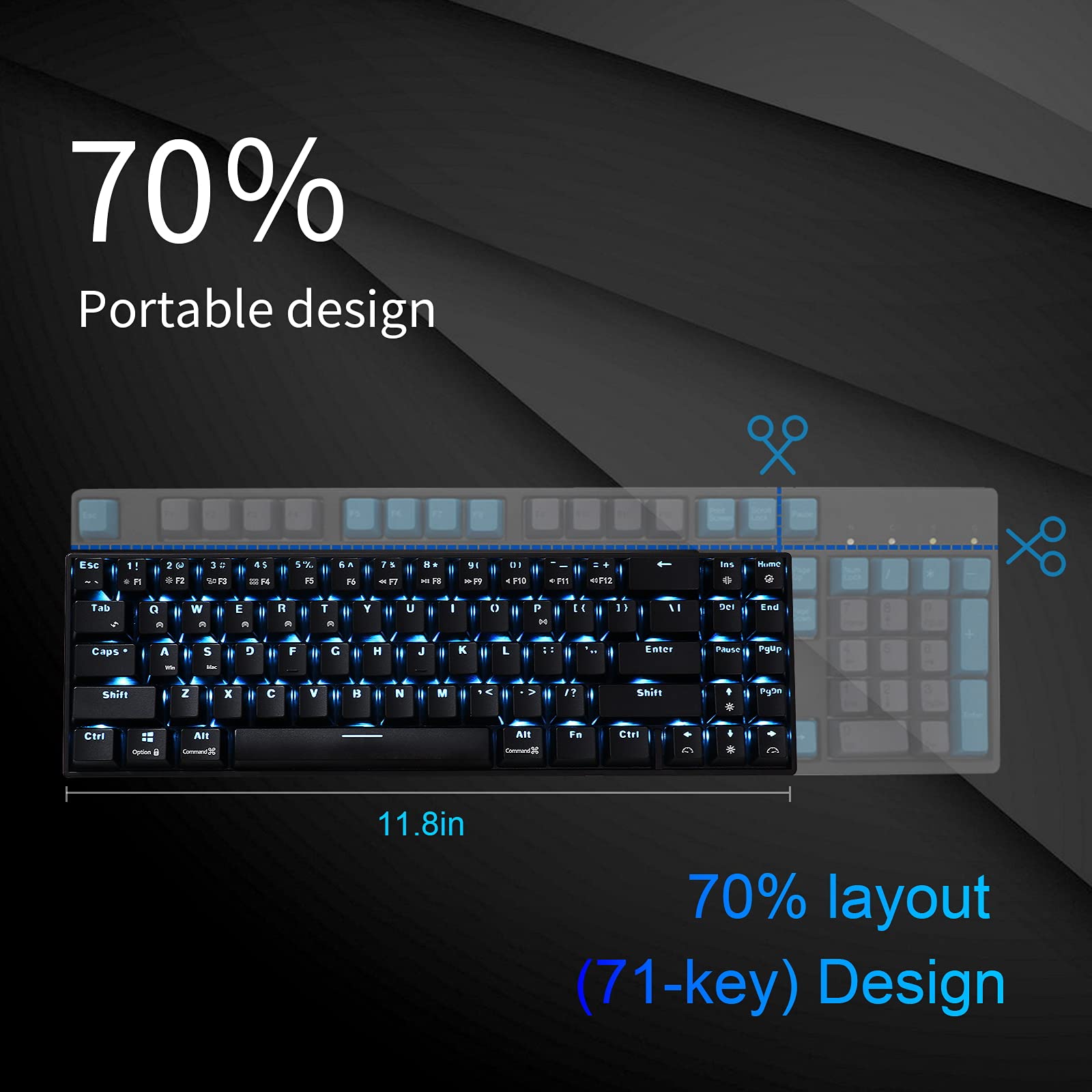 RK ROYAL KLUDGE RK71 Mechanical Keyboard 70% Compact Bluetooth Keyboard 71 Keys,Tenkeyless USB Wired/Wireless Portable Gaming/Office with Stand-Alone Arrow Keys for Windows MacOS (Red Switch-Black)