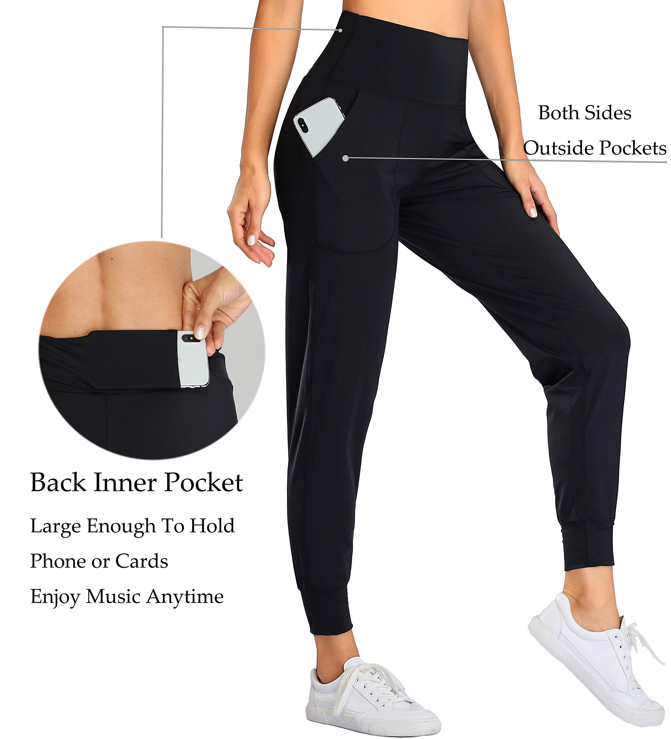Oalka Women's Joggers High Waist Yoga Pockets Sweatpants Sport Workout Pants Black XL