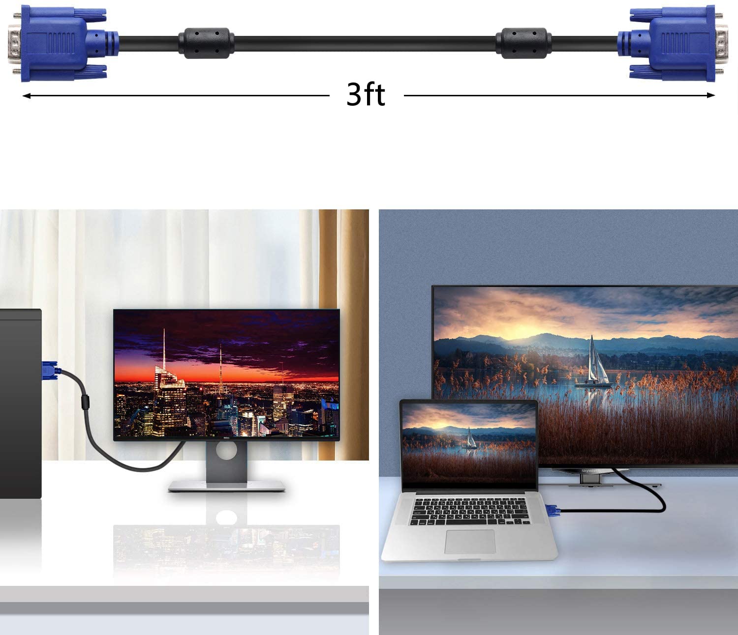 PASOW VGA to VGA Monitor Cable HD15 Male to Male for TV Computer Projector (3 Feet)